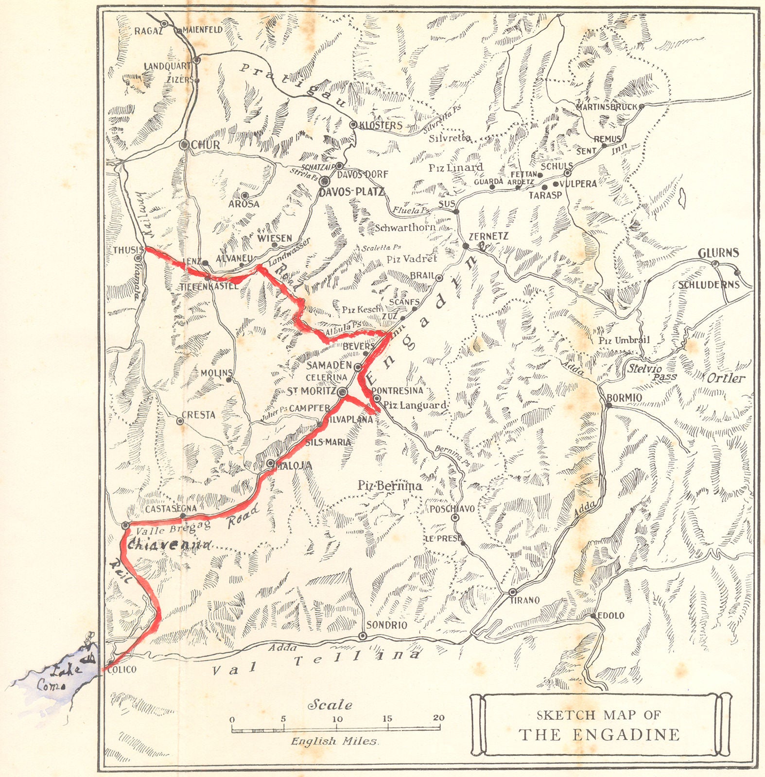 SWITZERLAND. Sketch map of The Engadin 1907 old antique vintage plan ...