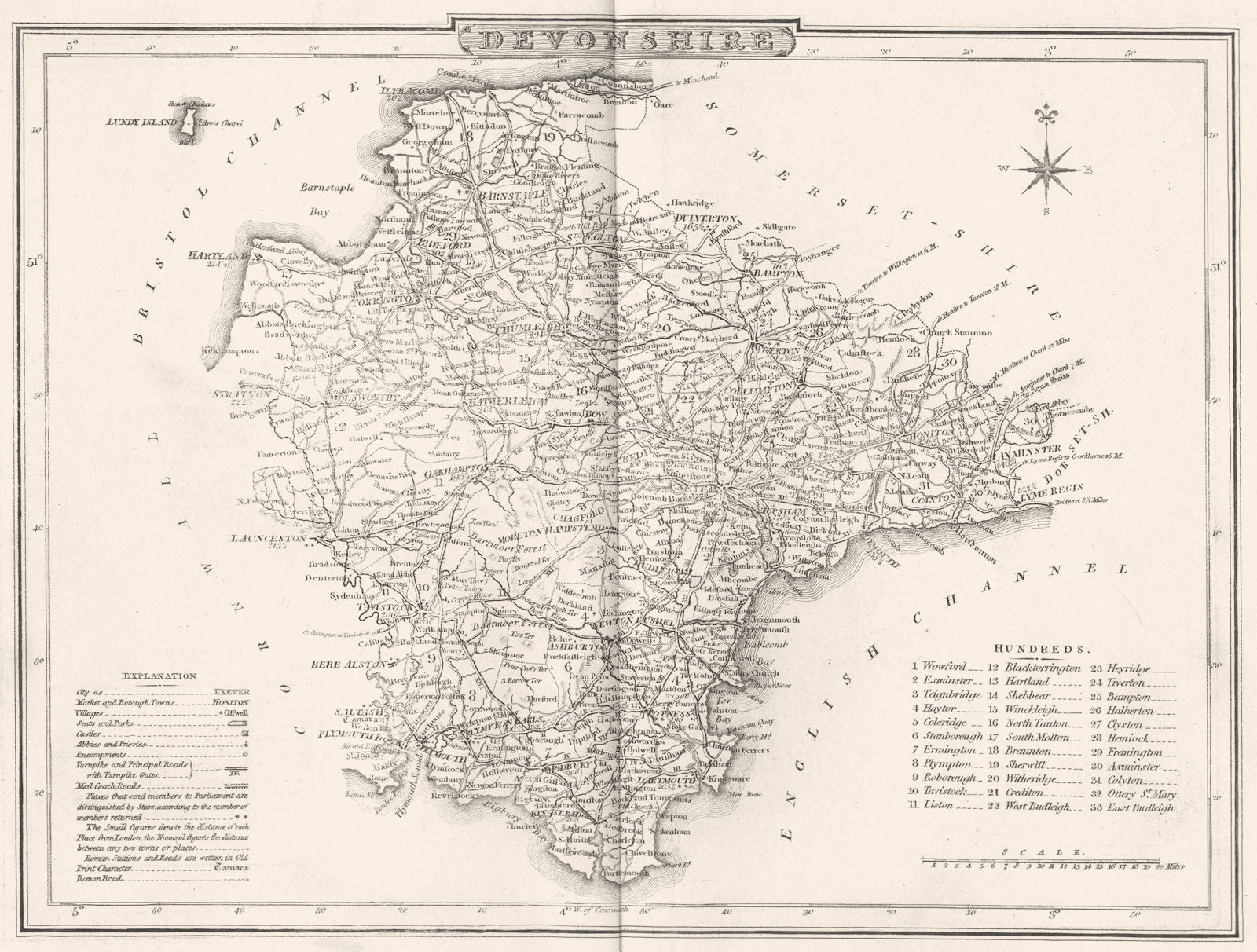 DEVONSHIRE DEVON. County map. Polling places. Coach roads. DUGDALE 1845 ...