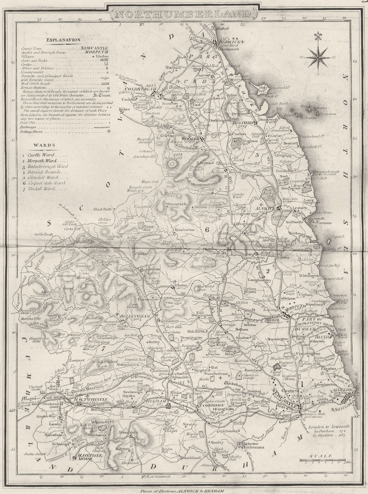 NORTHUMBERLAND NORTHUMBRIA. County map. Polling places Coach roads ...