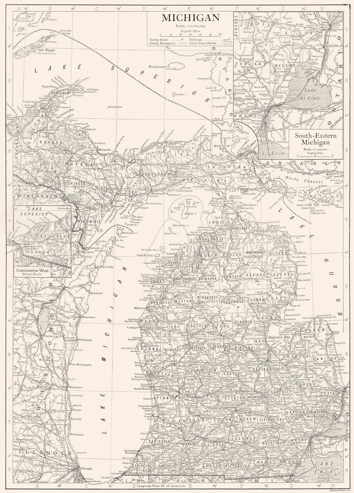 MICHIGAN. State map showing counties; Inset South-Eastern Michigan ...