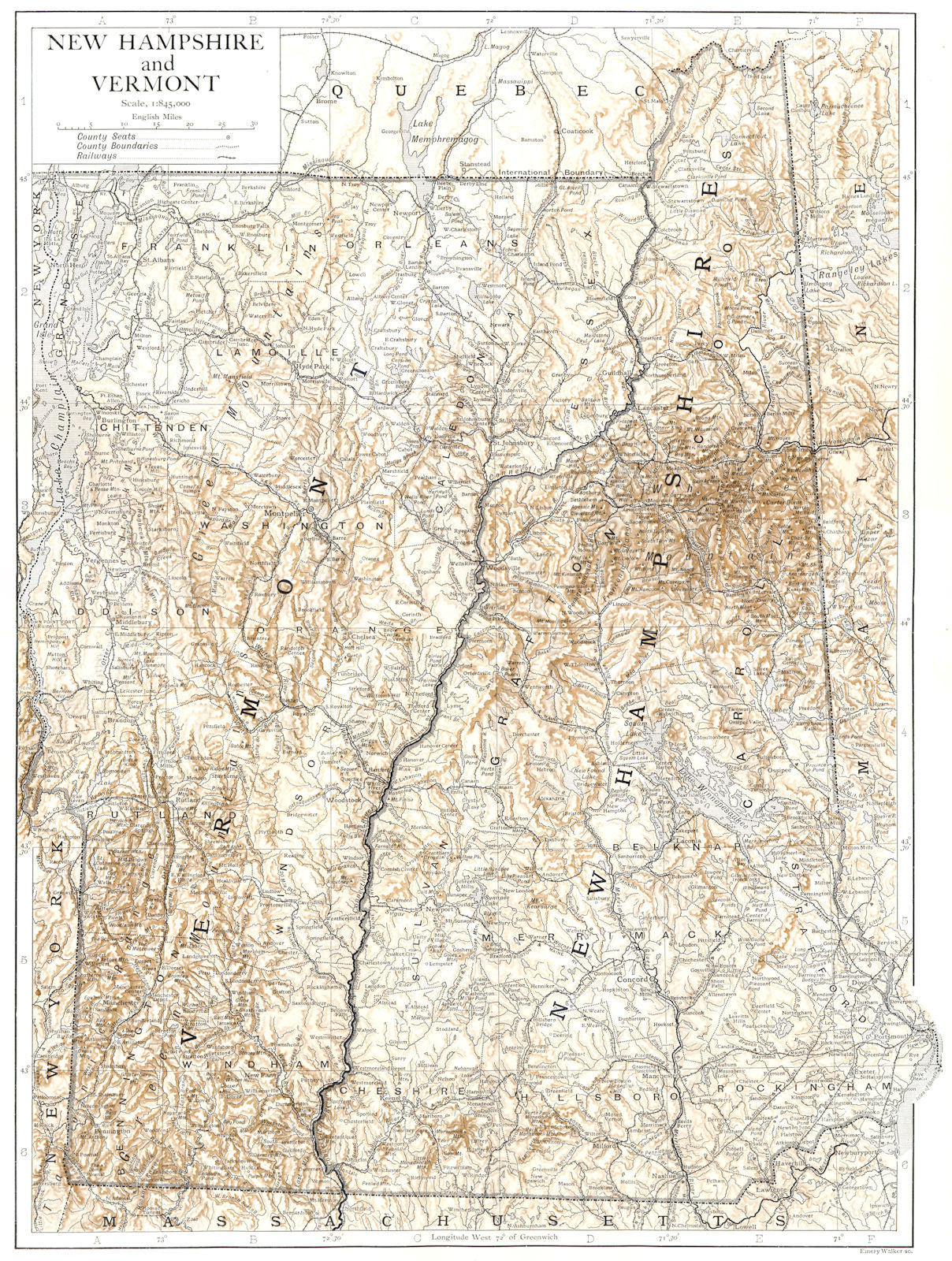 New Hampshire and Vermont. state map showing counties 1910 old antique ...