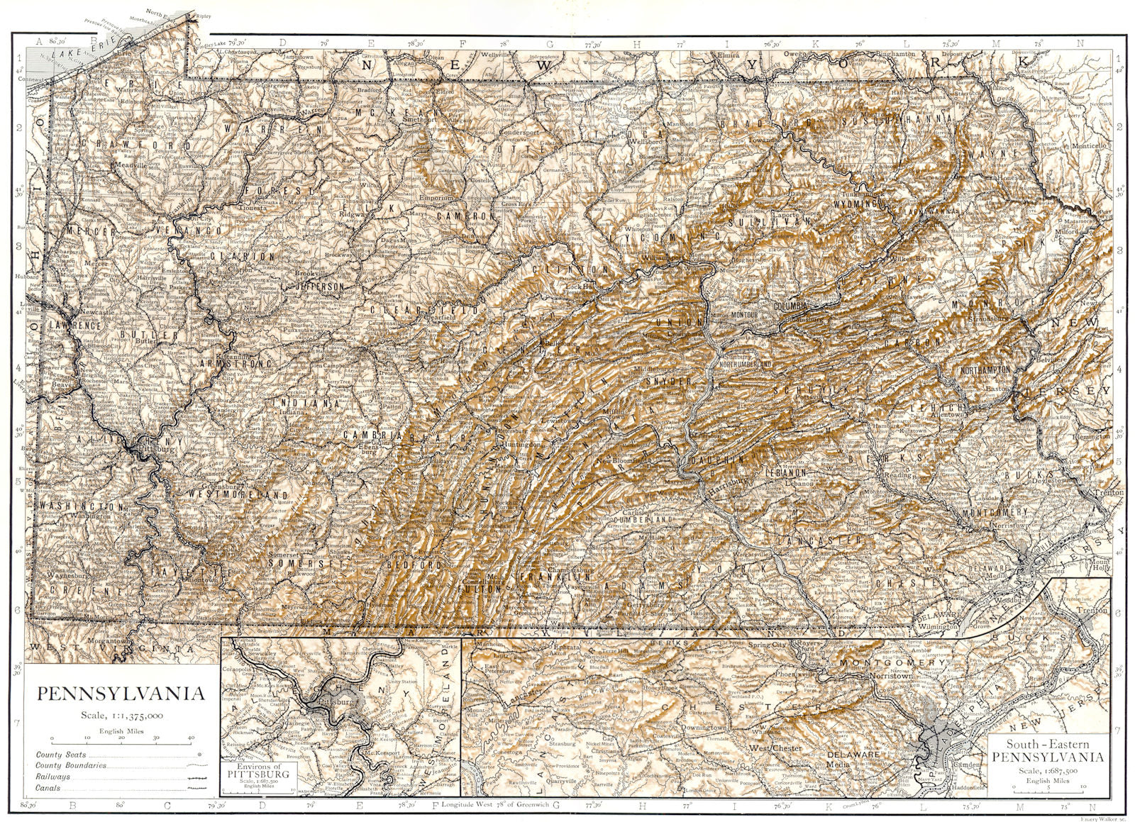 PENNSYLVANIA. State map showing counties; Inset Pittsburg 1910 old ...