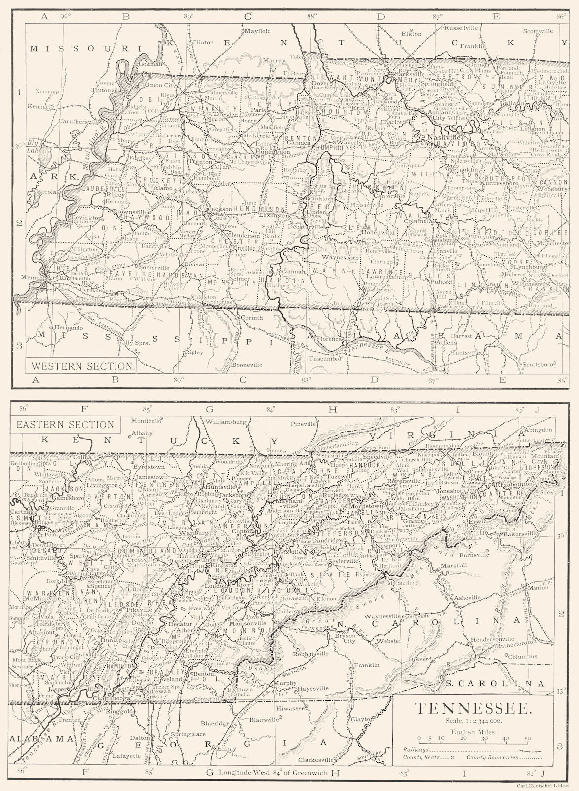 TENNESSEE. Tennessee state map showing counties 1910 old antique chart ...