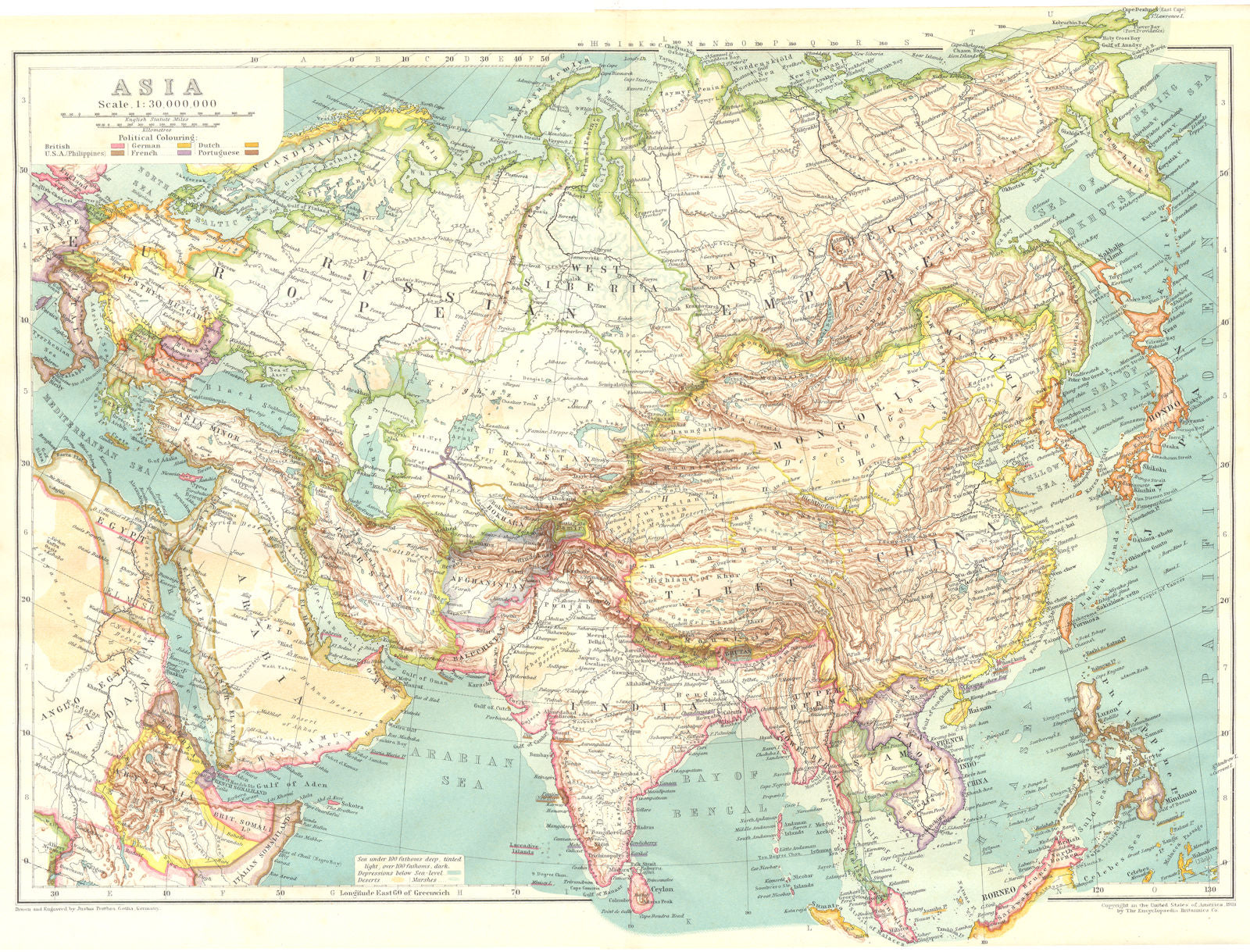 ASIA. Asia Middle East political colonial 1910 old antique map plan ...