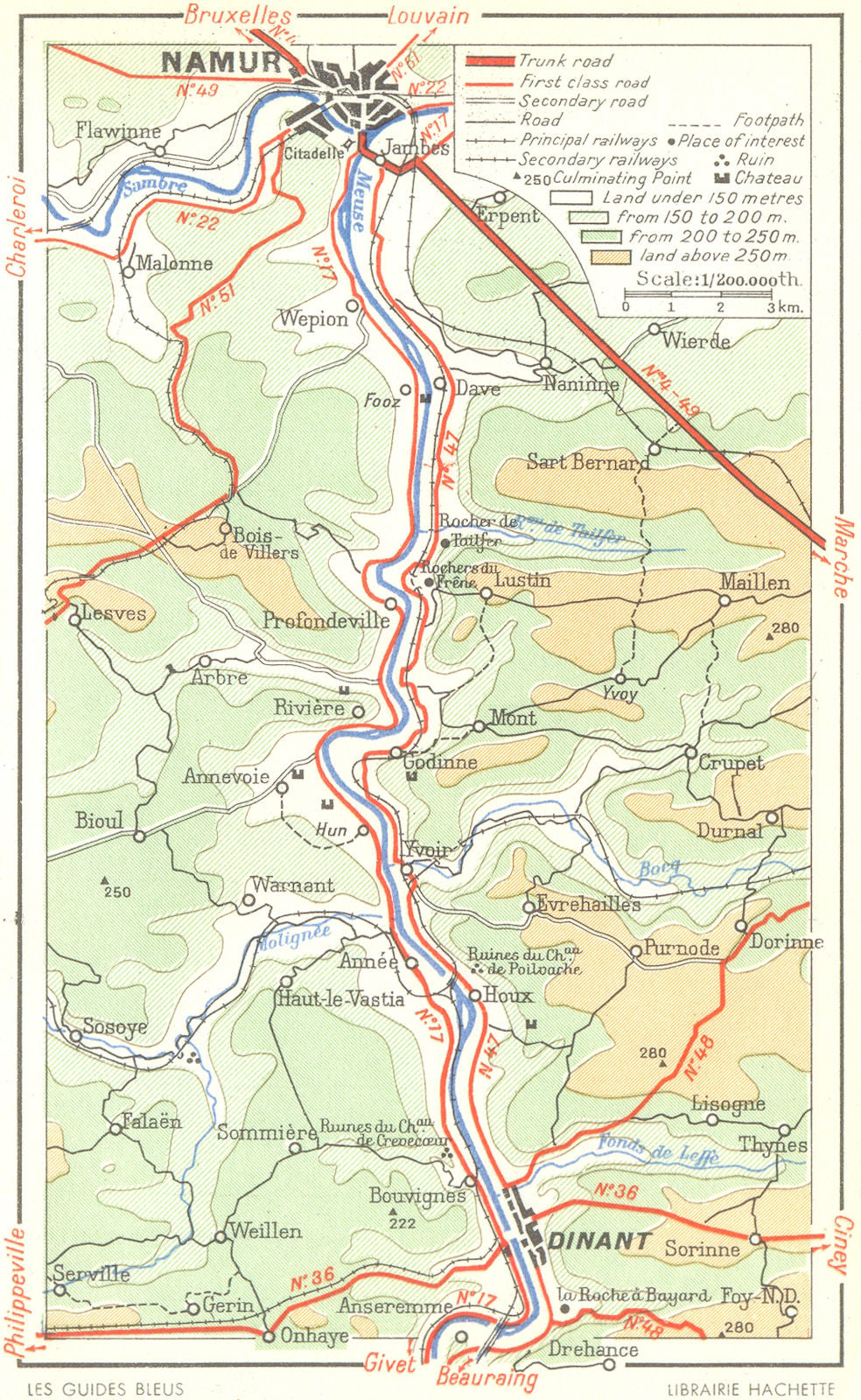 BELGIUM. Meuse valley-from Dinant to Namur 1950 old vintage map plan ...