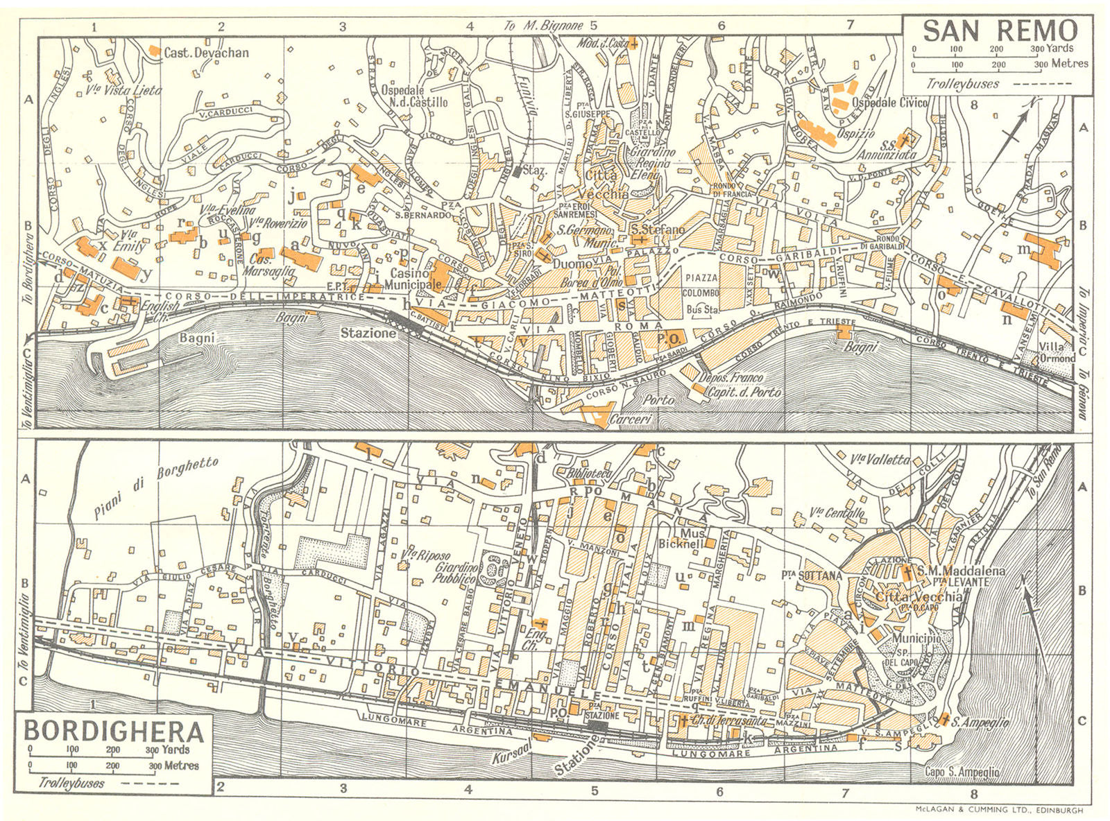 SAN REMO; BORDIGHERA town/city plan. Italy 1960 old vintage map chart ...