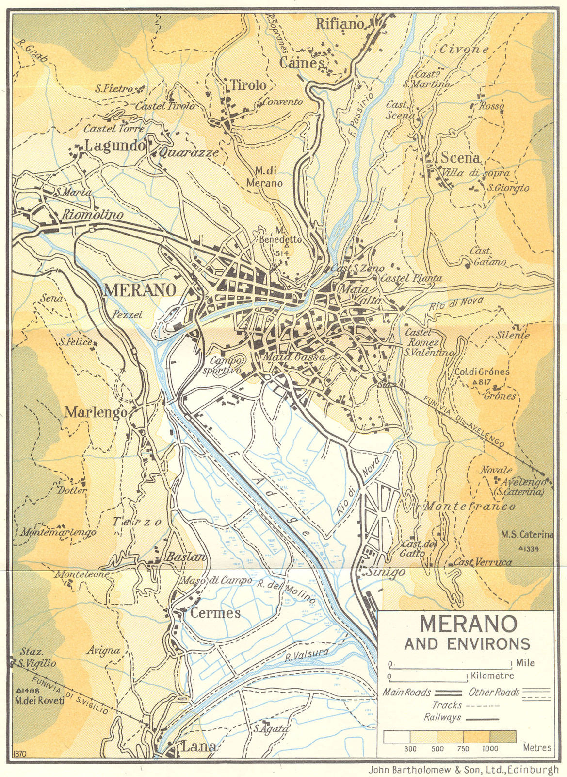Merano and Environs 1960 old vintage map plan chart ...