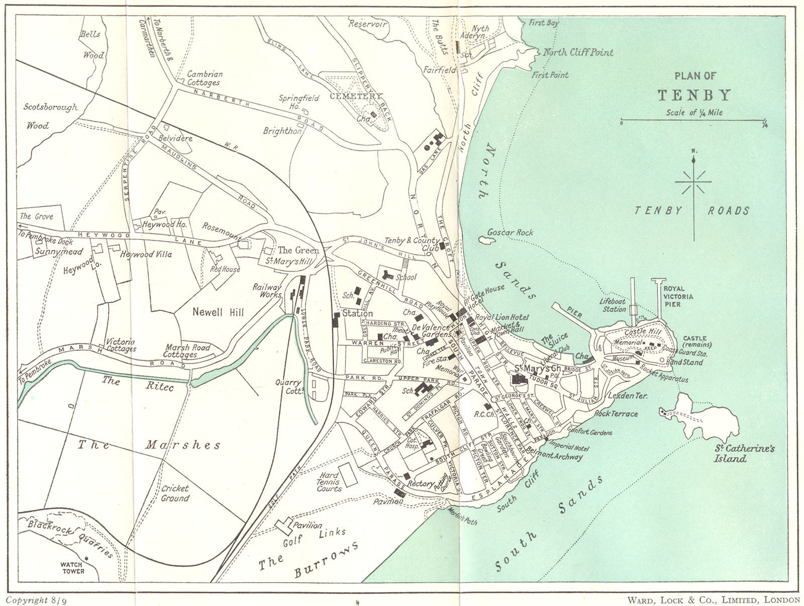 TENBY vintage town/city plan. Wales. WARD LOCK 1950 old vintage map ...