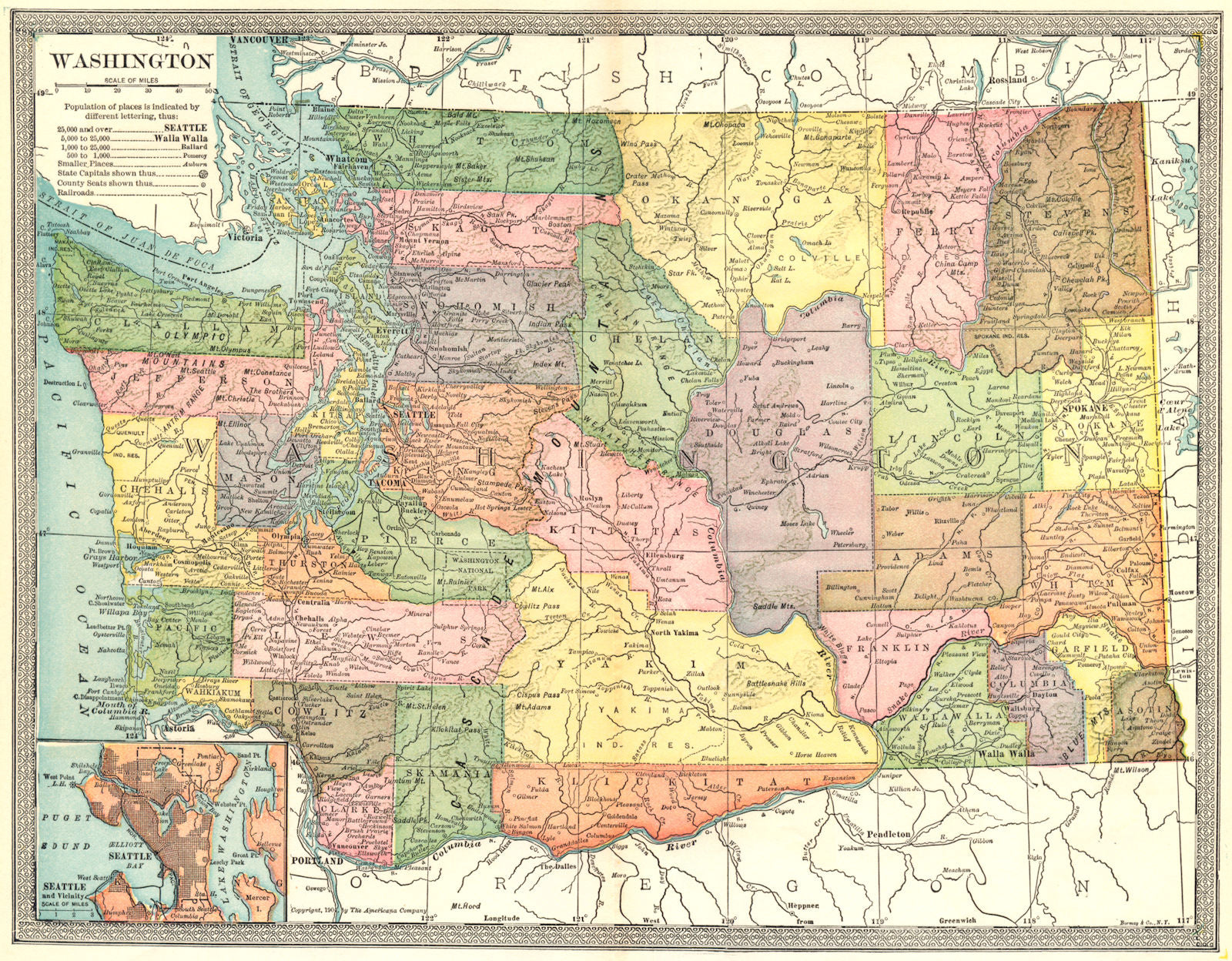 WASHINGTON state map. Counties. Seattle environs 1907 old antique chart ...