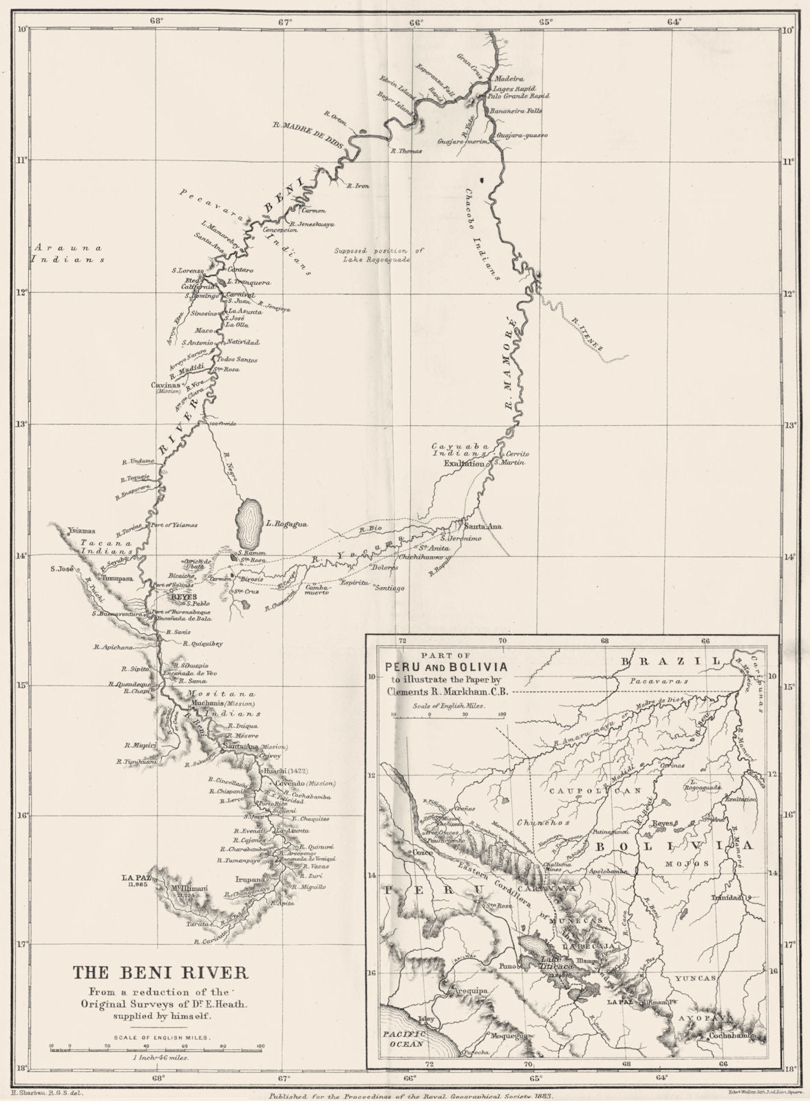 PERU. The Beni river; Inset map of Part of Peru and Bolivia. RGS map ...
