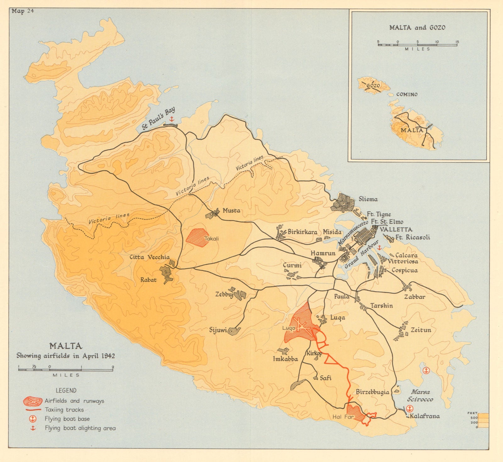 MALTA April 1942 showing airfields. World War 2. Flying boat bases 1960 ...