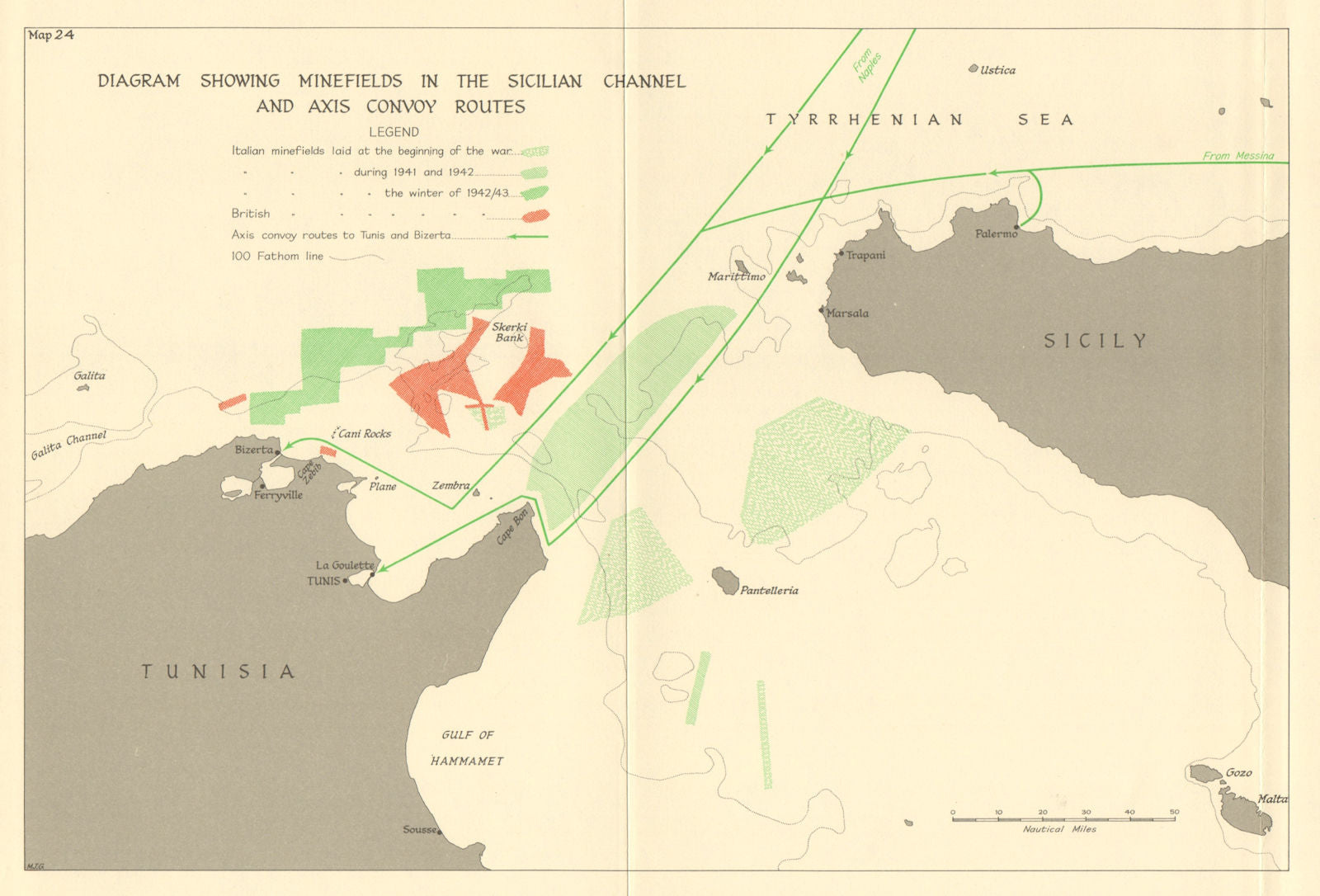 Sicilian channel minefields. Axis convoy routes. 1941-43. World War 2 ...