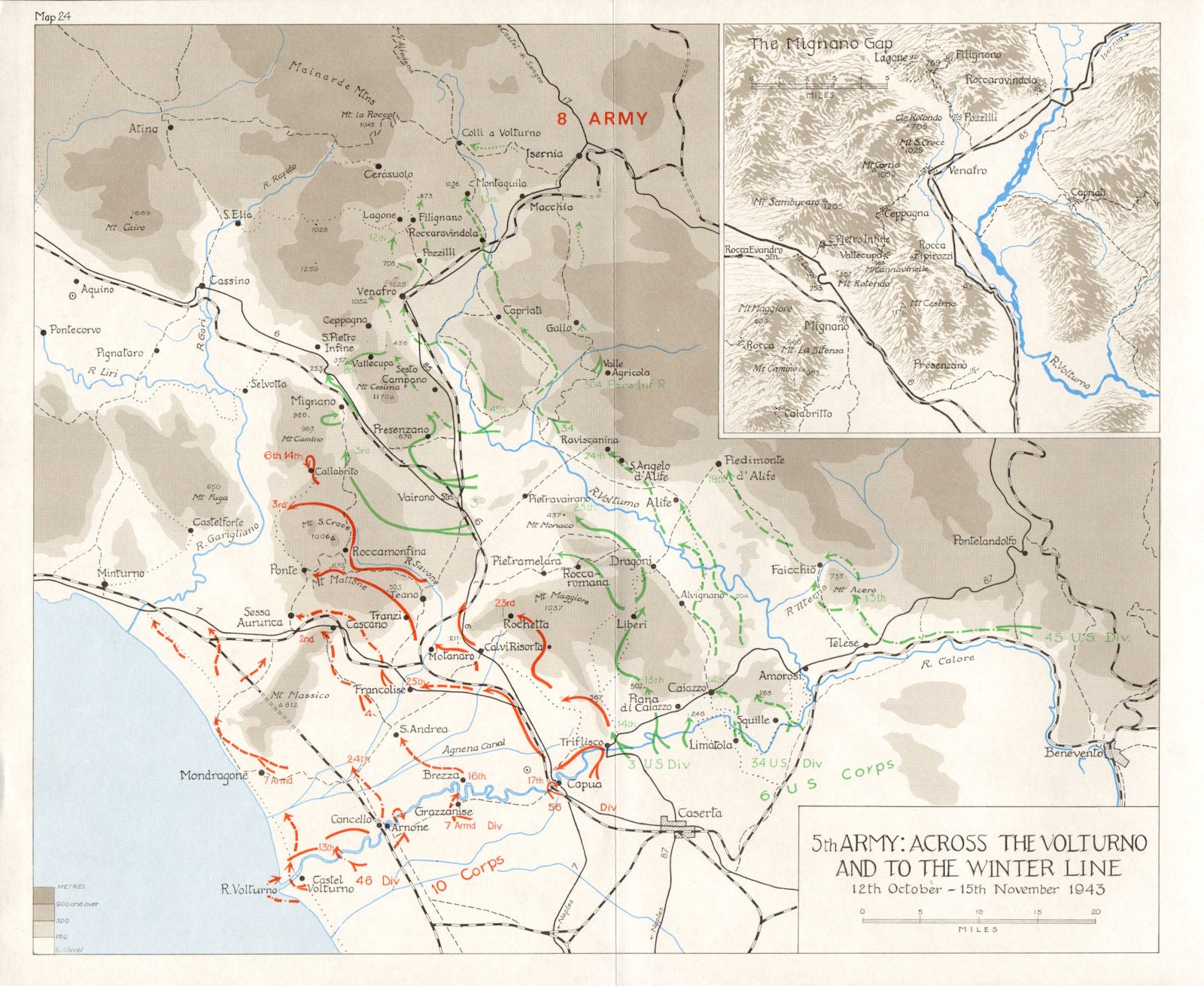 VOLTURNO. Winter line Oct-Nov 1943. 5th Army. Across; Inset map Mignano ...
