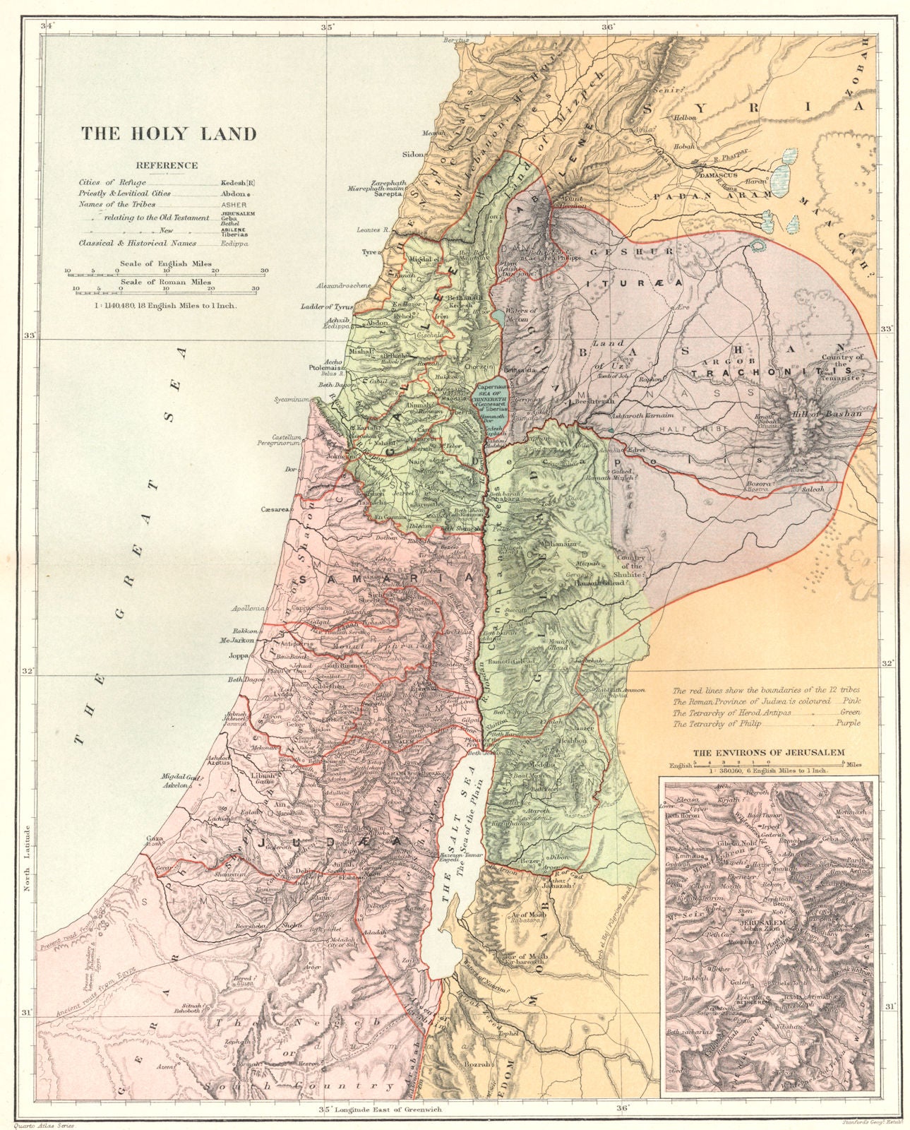 ISRAEL PALESTINE. The Holy Land; Inset Jerusalem. Jordan. Stanford 1892 ...