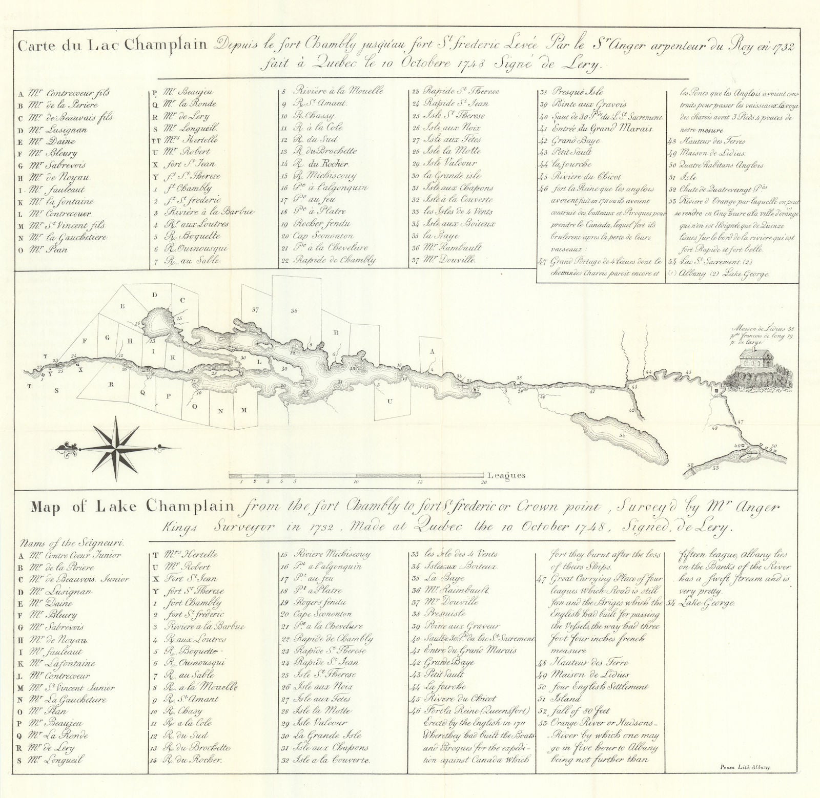 Map of Lake Champlain. 1748 French property claims. De Lery 1849 old ...