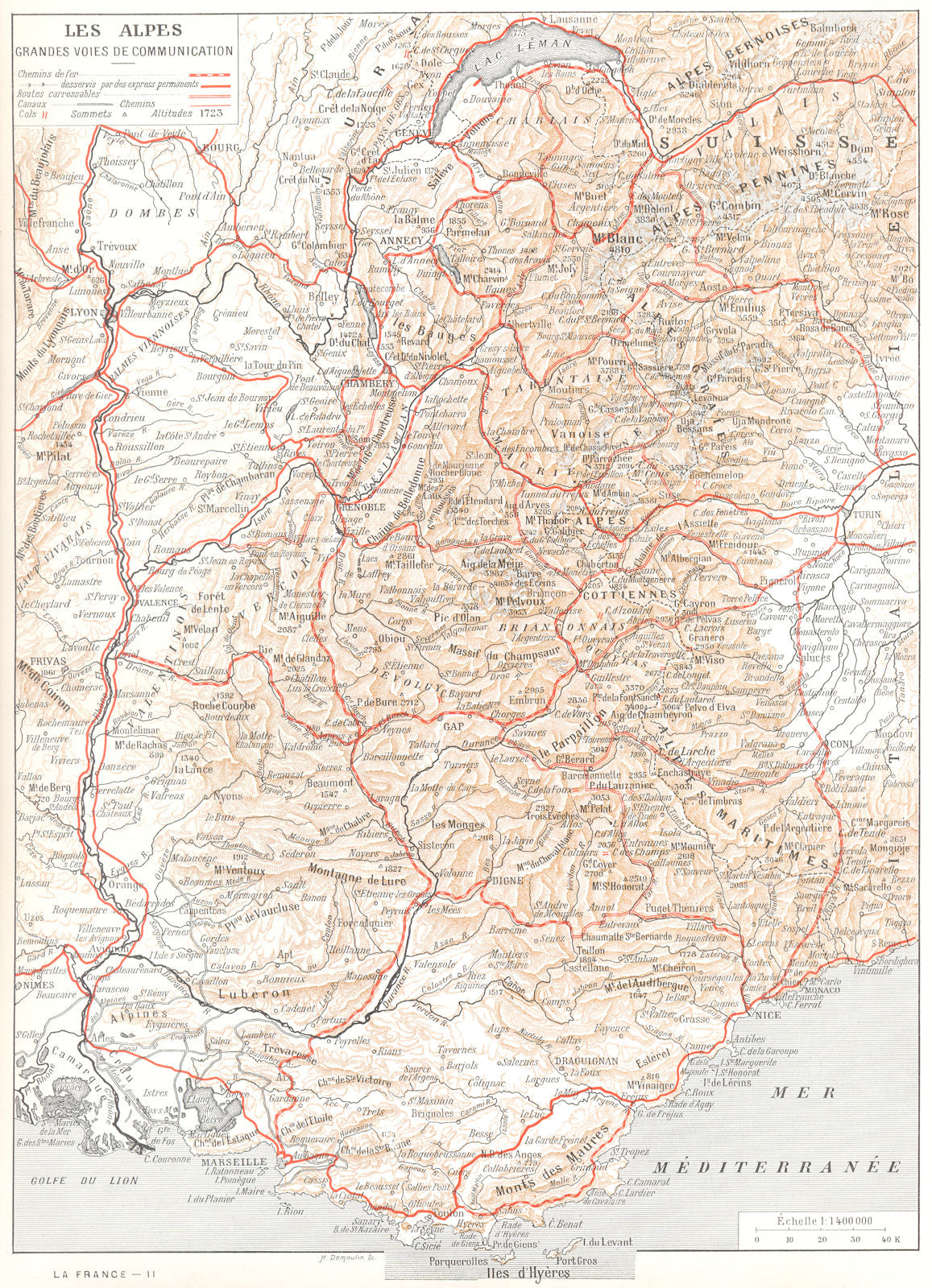 FRANCE. Les Alpes Grandes Voies de Communication 1900 old antique map ...
