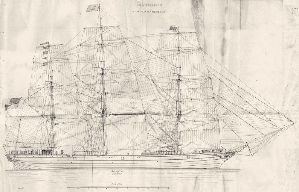 YACHTS. Shipbuilding; Rigging plan of Sailing Ship 1880 old antique ...