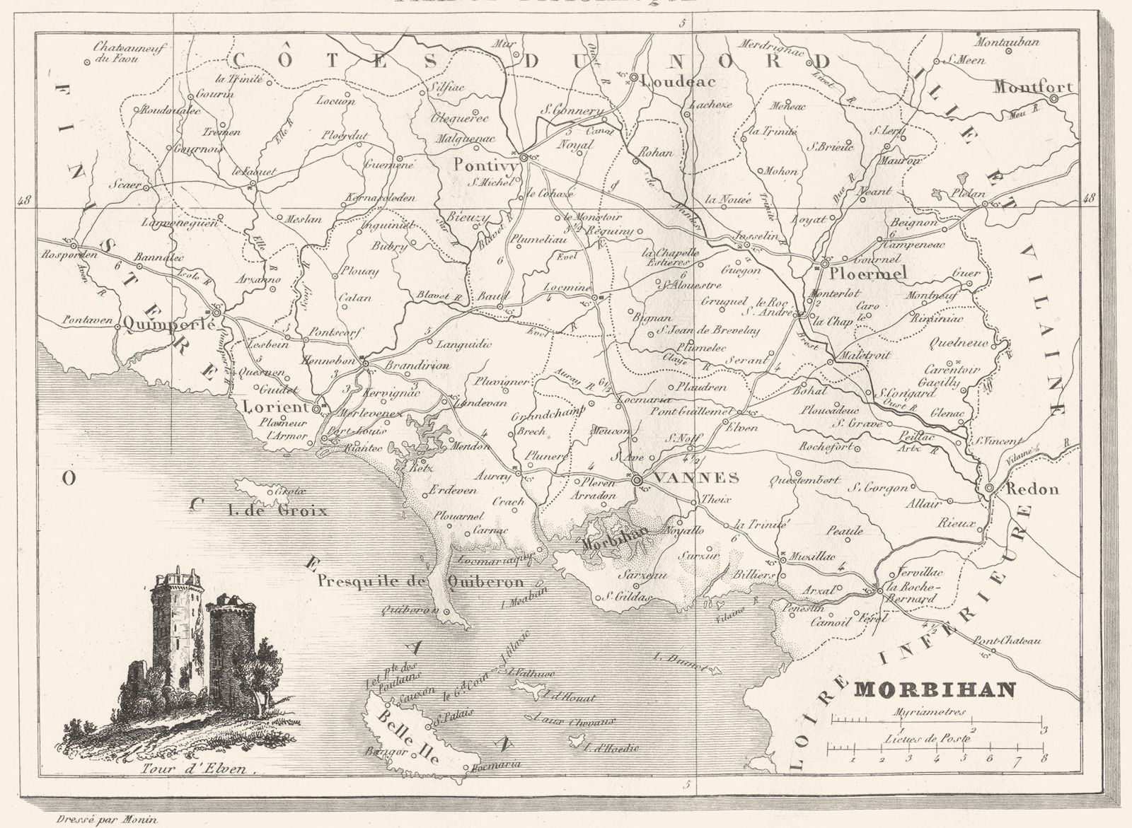 MORBIHAN. Département du Morbihan 1835 old antique vintage map plan ...