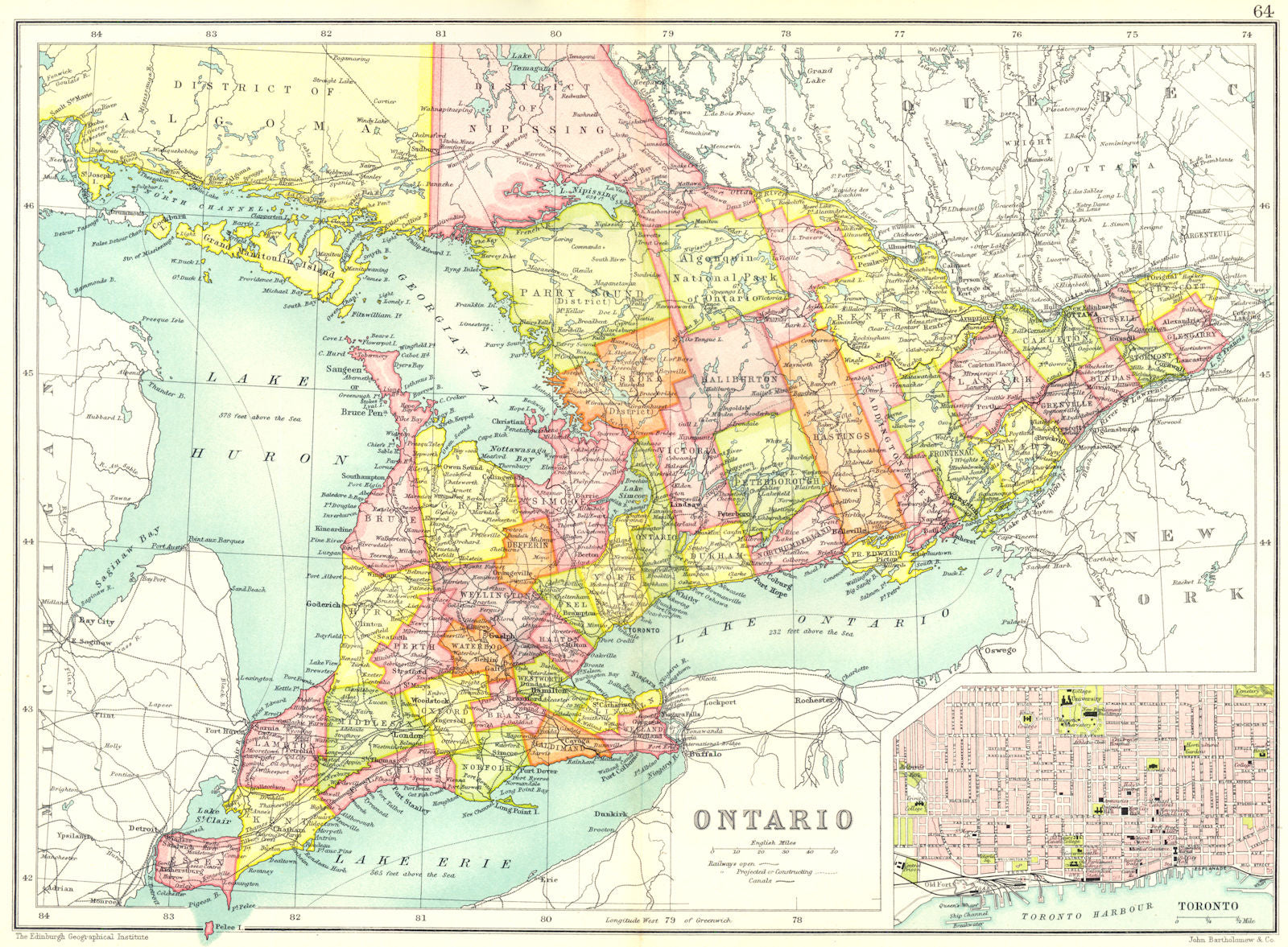 ONTARIO. Showing counties. Inset map of Toronto. Canada. Cassells 1909 ...