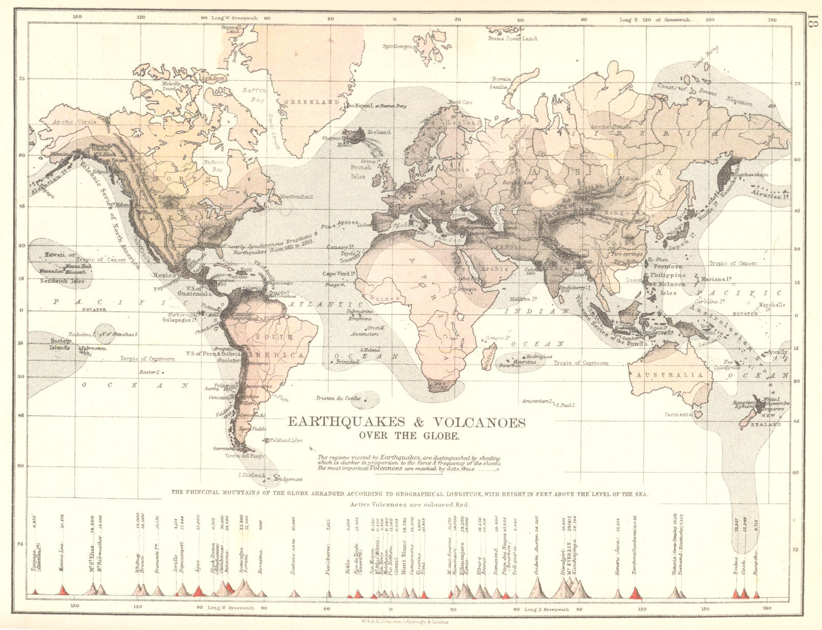 WORLD. Earthquakes & Volcanoes over the Globe 1897 old antique map plan ...