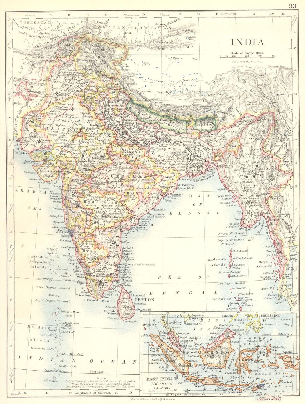 INDIA. India Burman Myanmar; Inset maps of East India (Malaysia ...
