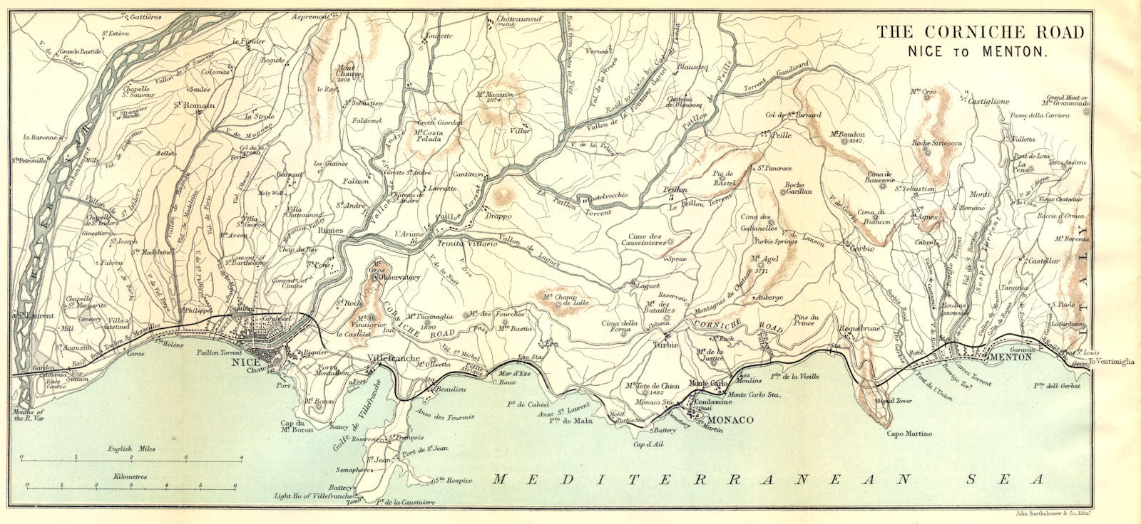 ALPES- MARITIMES. The Corniche road nice to Menton 1888 old antique map ...