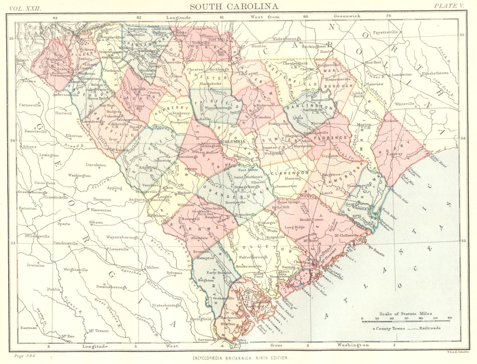 SOUTH CAROLINA. State map showing counties. Britannica 9th edition 1898 ...
