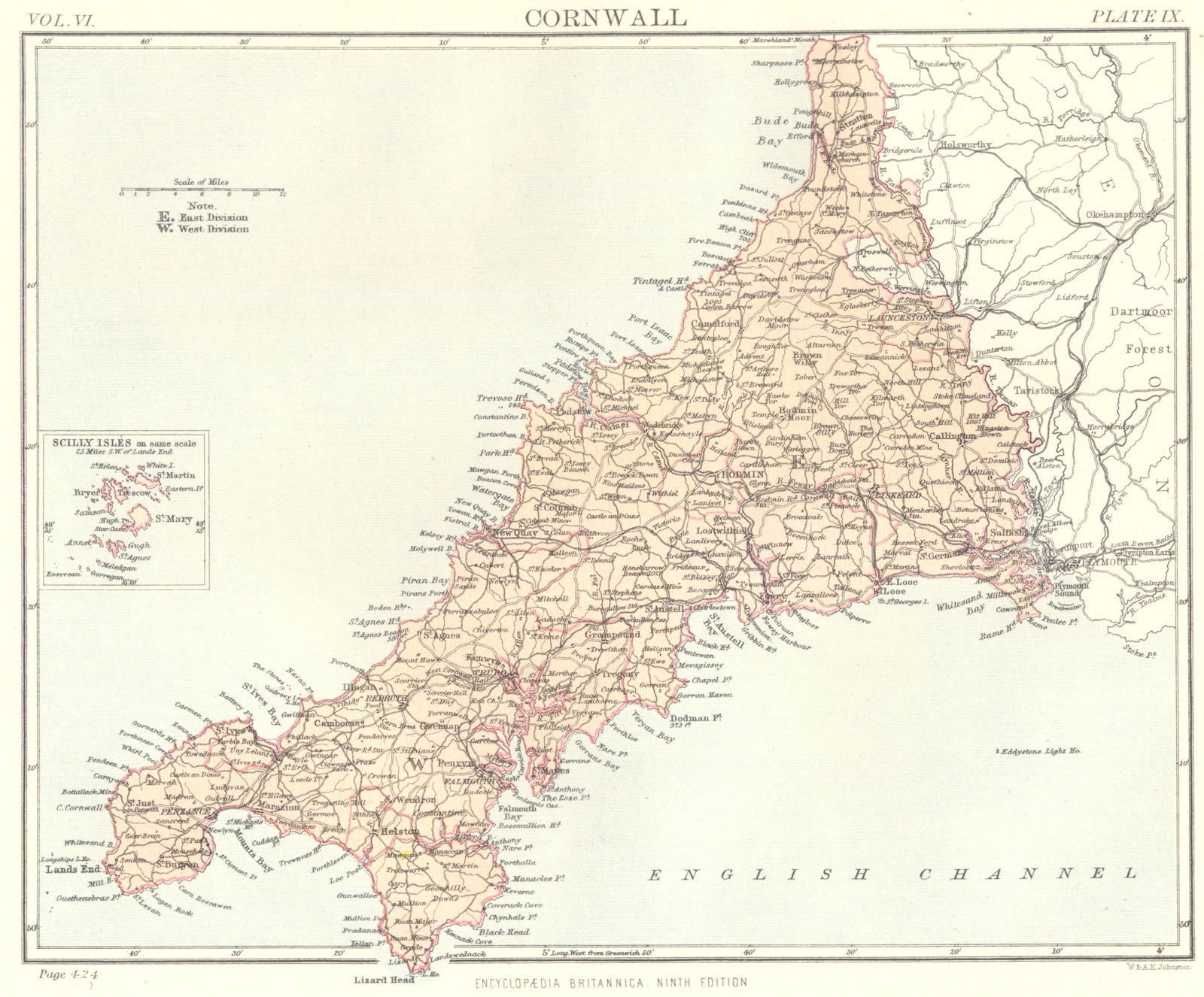 CORNWALL. Inset map of Scilly isles. Britannica 9th edition County map ...