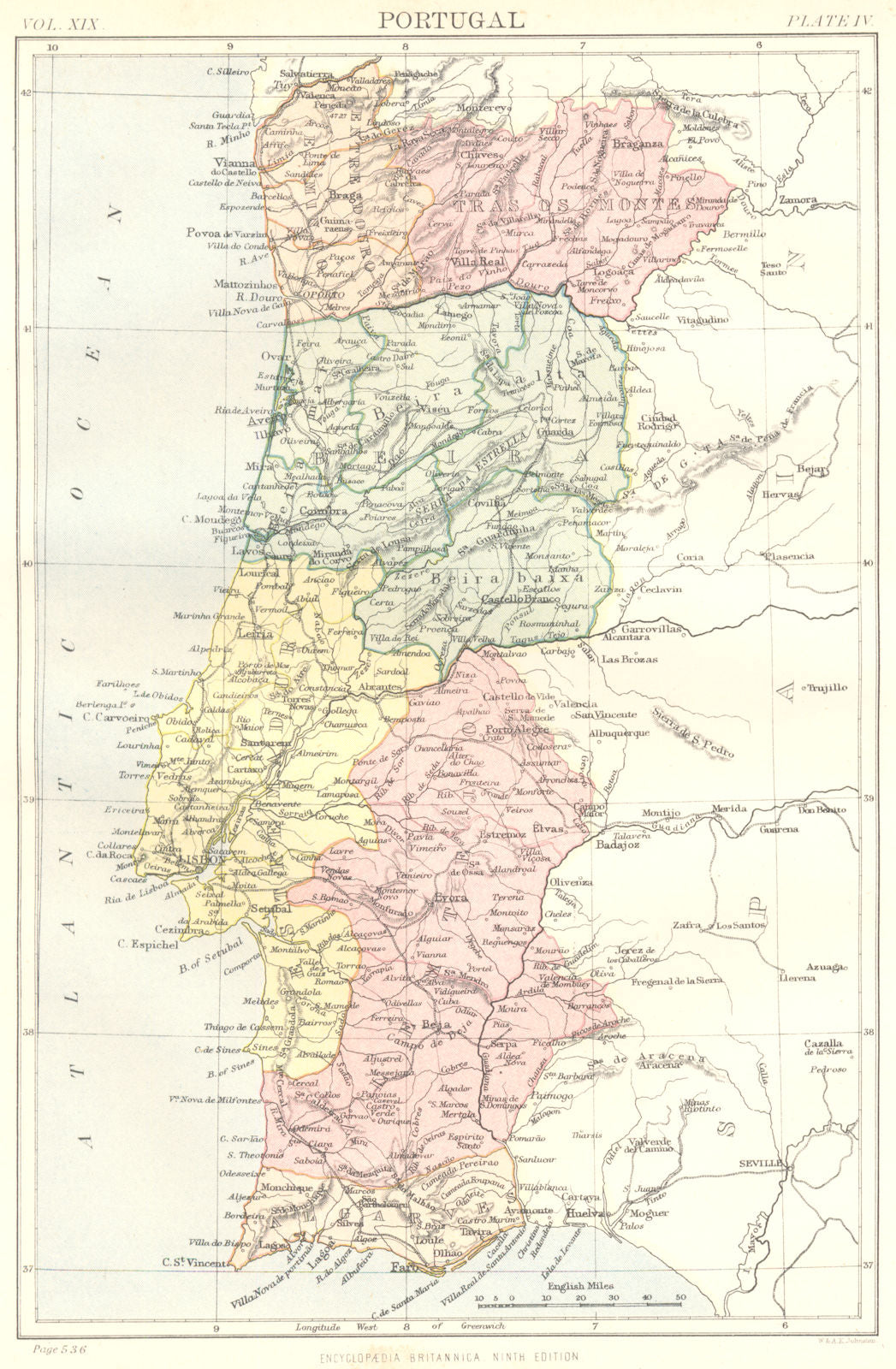 PORTUGAL. Showing provinces. Britannica 9th edition 1898 old antique ...