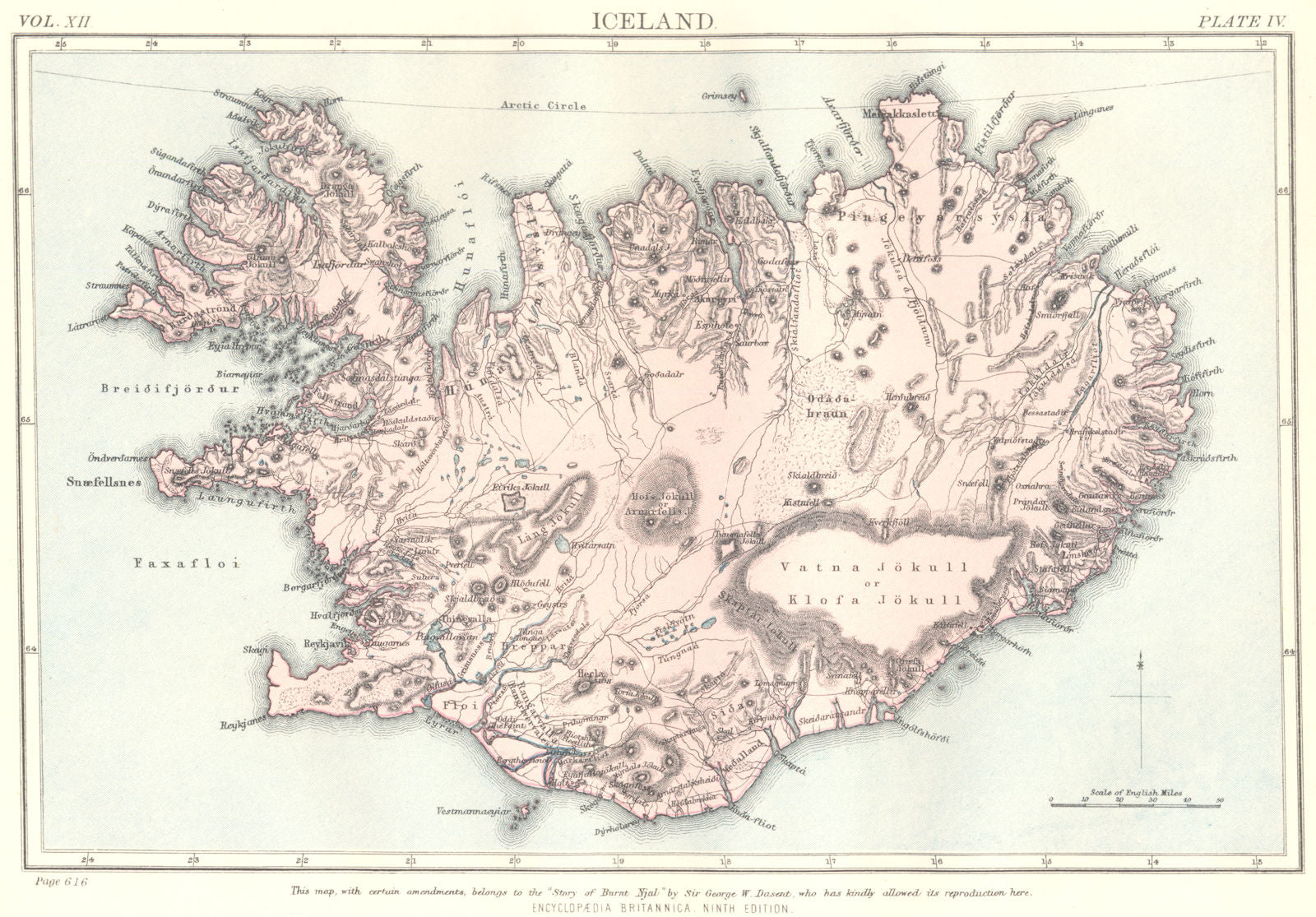 ICELAND. Britannica 9th edition Sir George Dasent 1898 old antique map ...