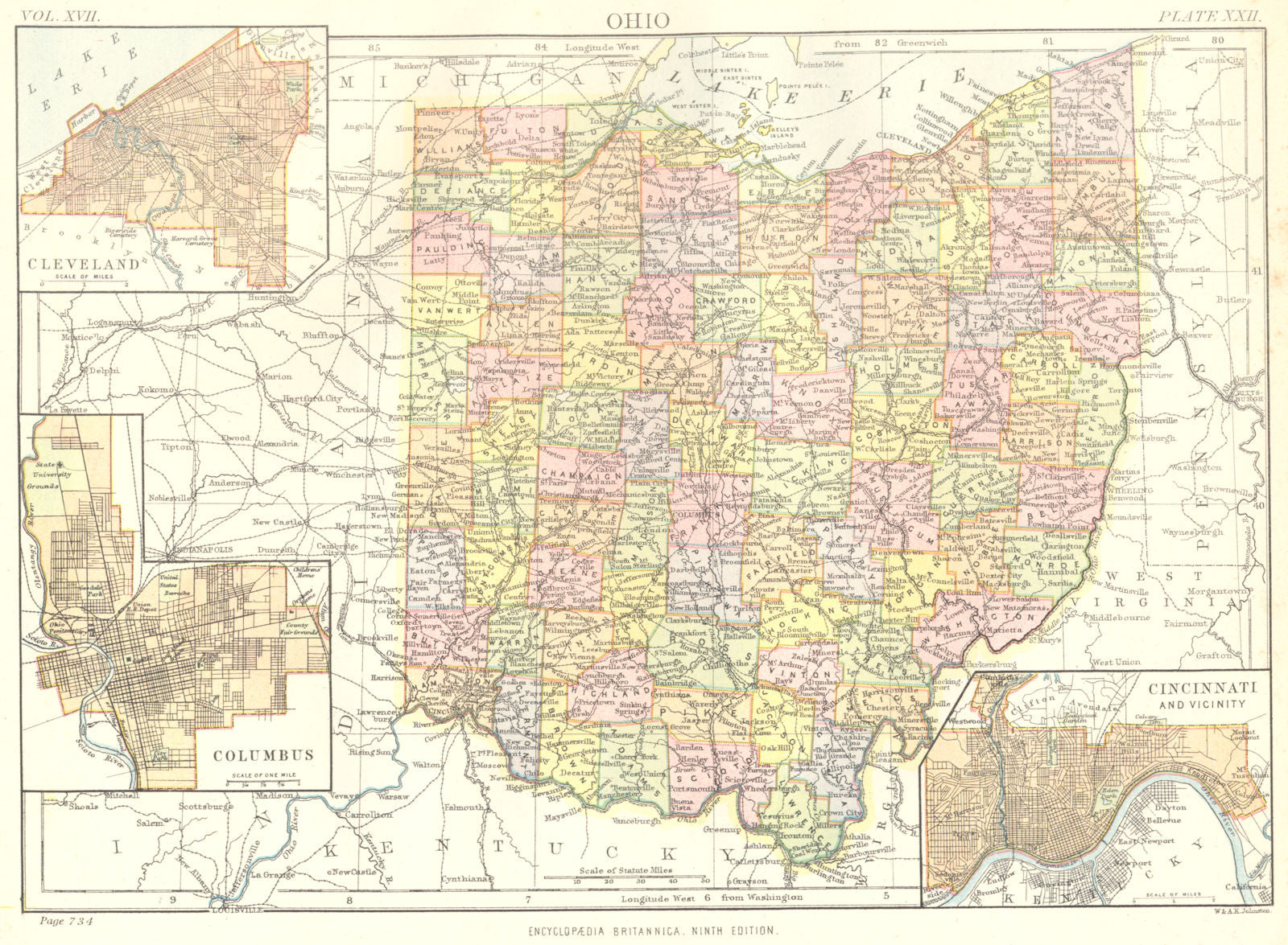 OHIO. State map showing counties. Inset Cleveland; Columbus; Cincinnati ...