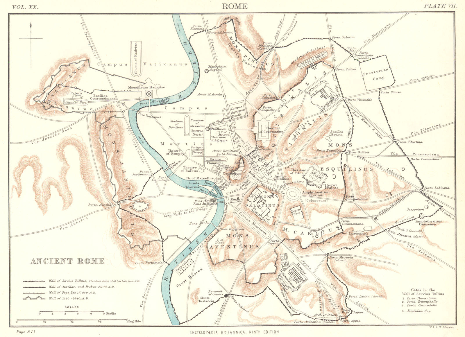 ANCIENT ROME. Walls of Servius Tullius Aurelian Probus Pope Leo IV 1560 ...