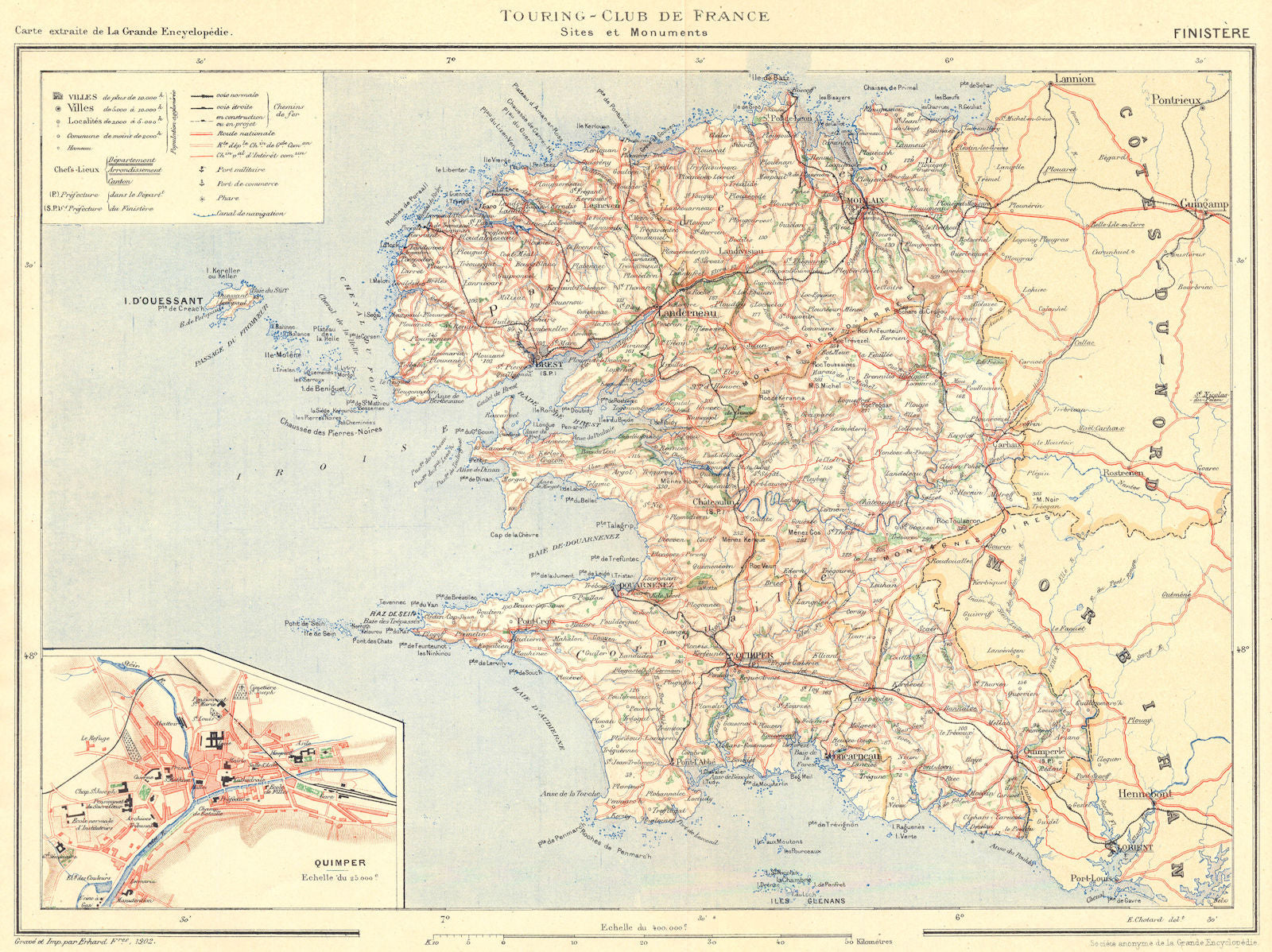 FINISTÈRE. Département. Inset city town map plan of Quimper 1903 old ...