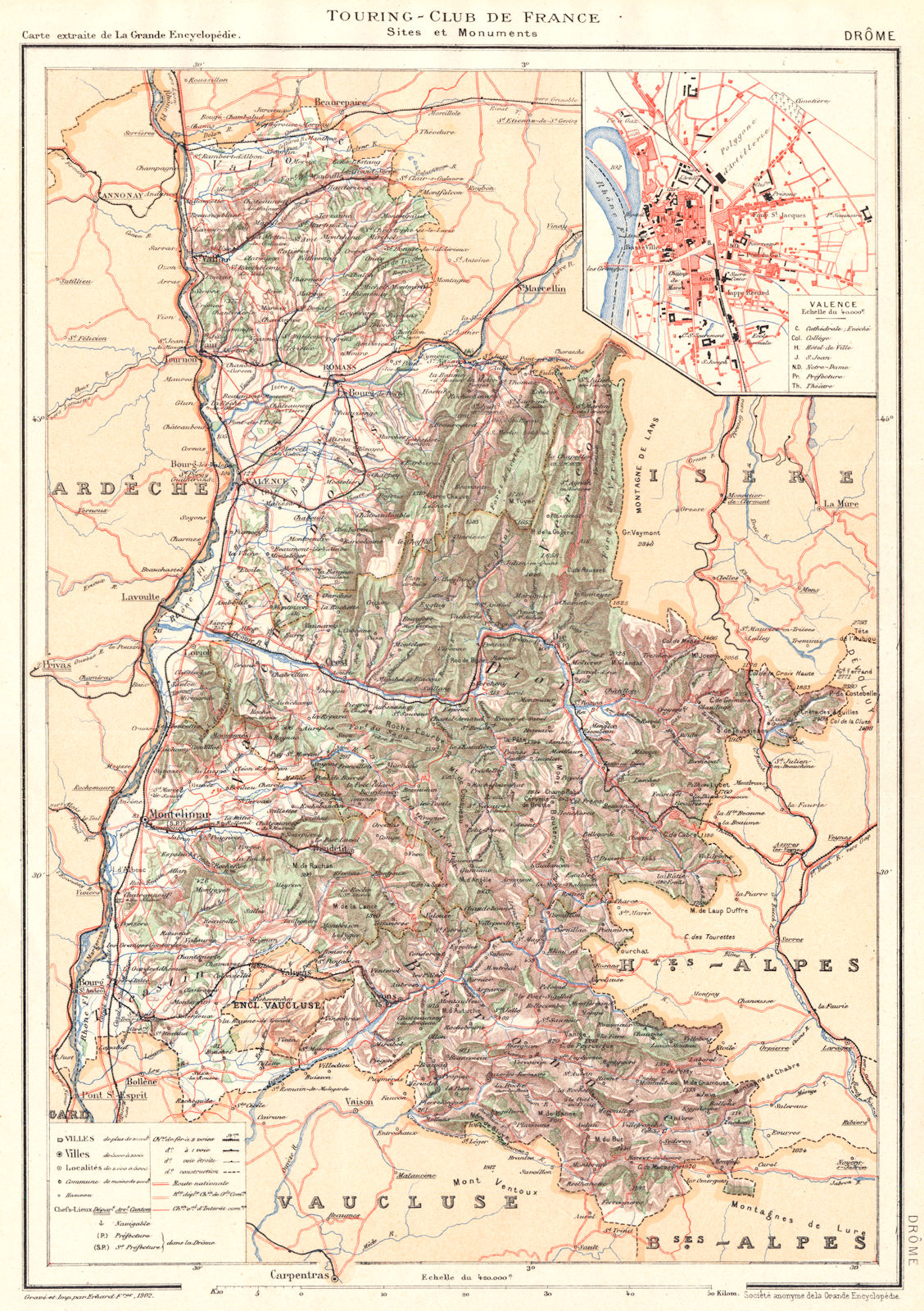 DRÔME. Département. Inset city town map plan of Valence 1904 old ...