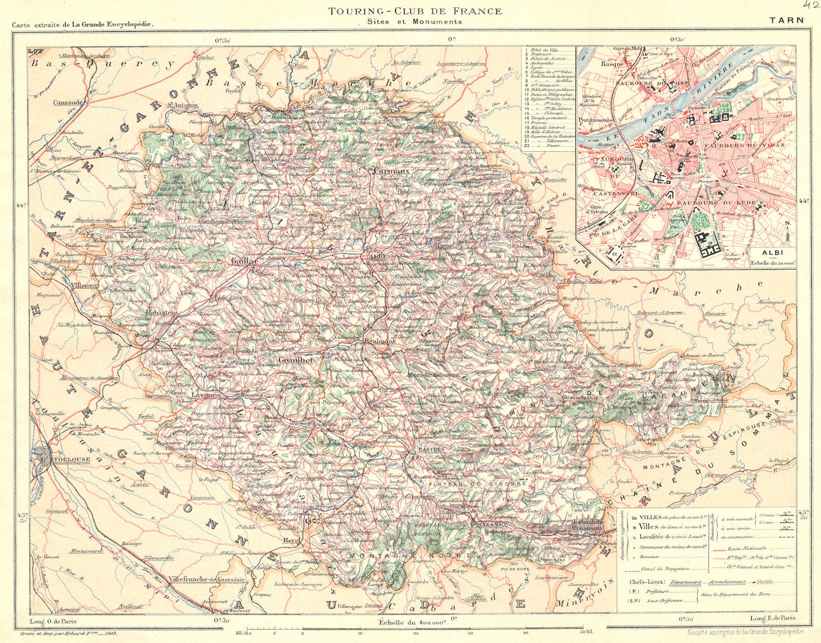 TARN. Département. Inset city town map plan of Albi 1903 old antique ...