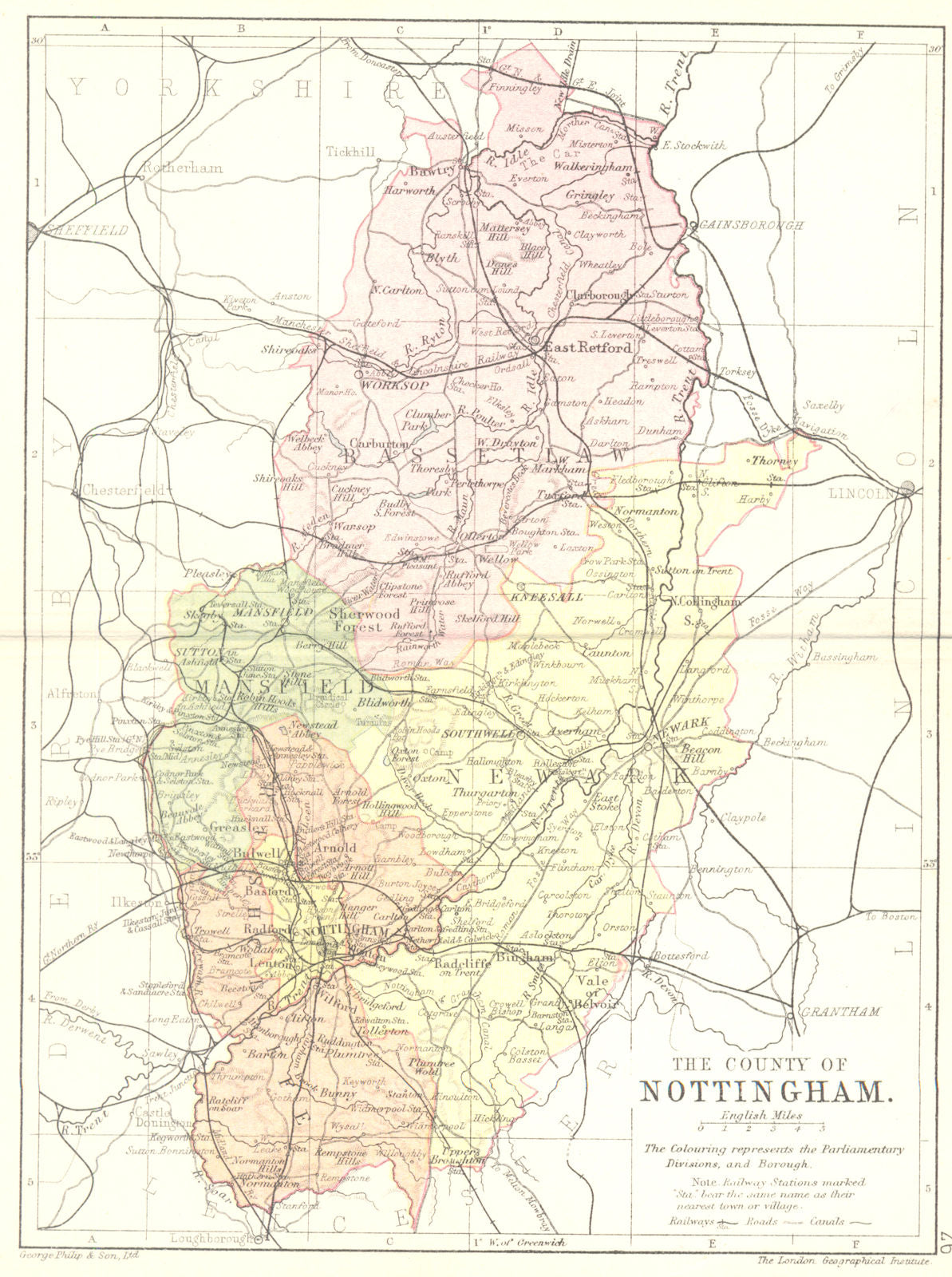 NOTTINGHAMSHIRE. Notts. Philip. small County map. 1890 old antique ...