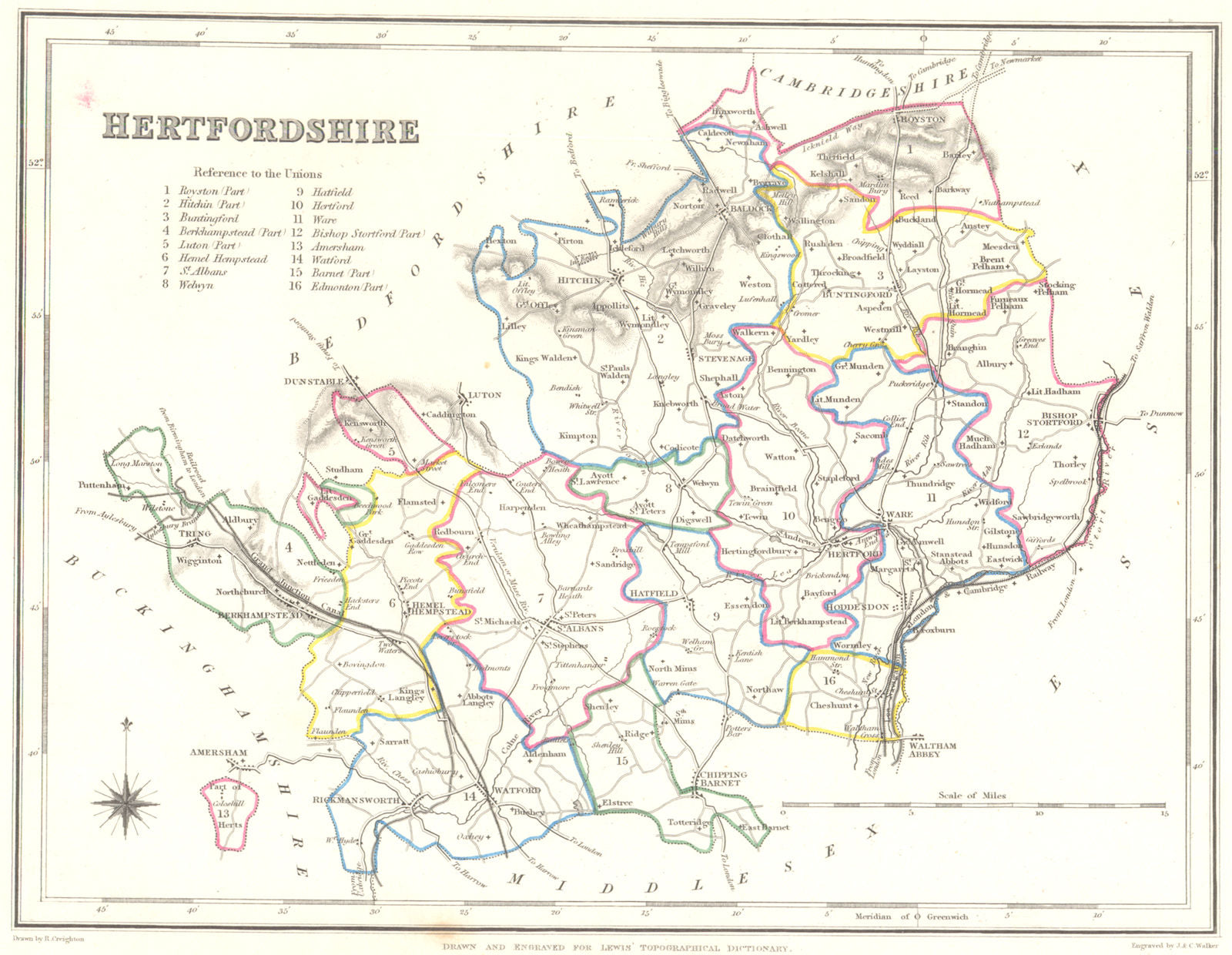 HERTS. Herts. Lewis. Original outline colour 1845 old antique map plan ...