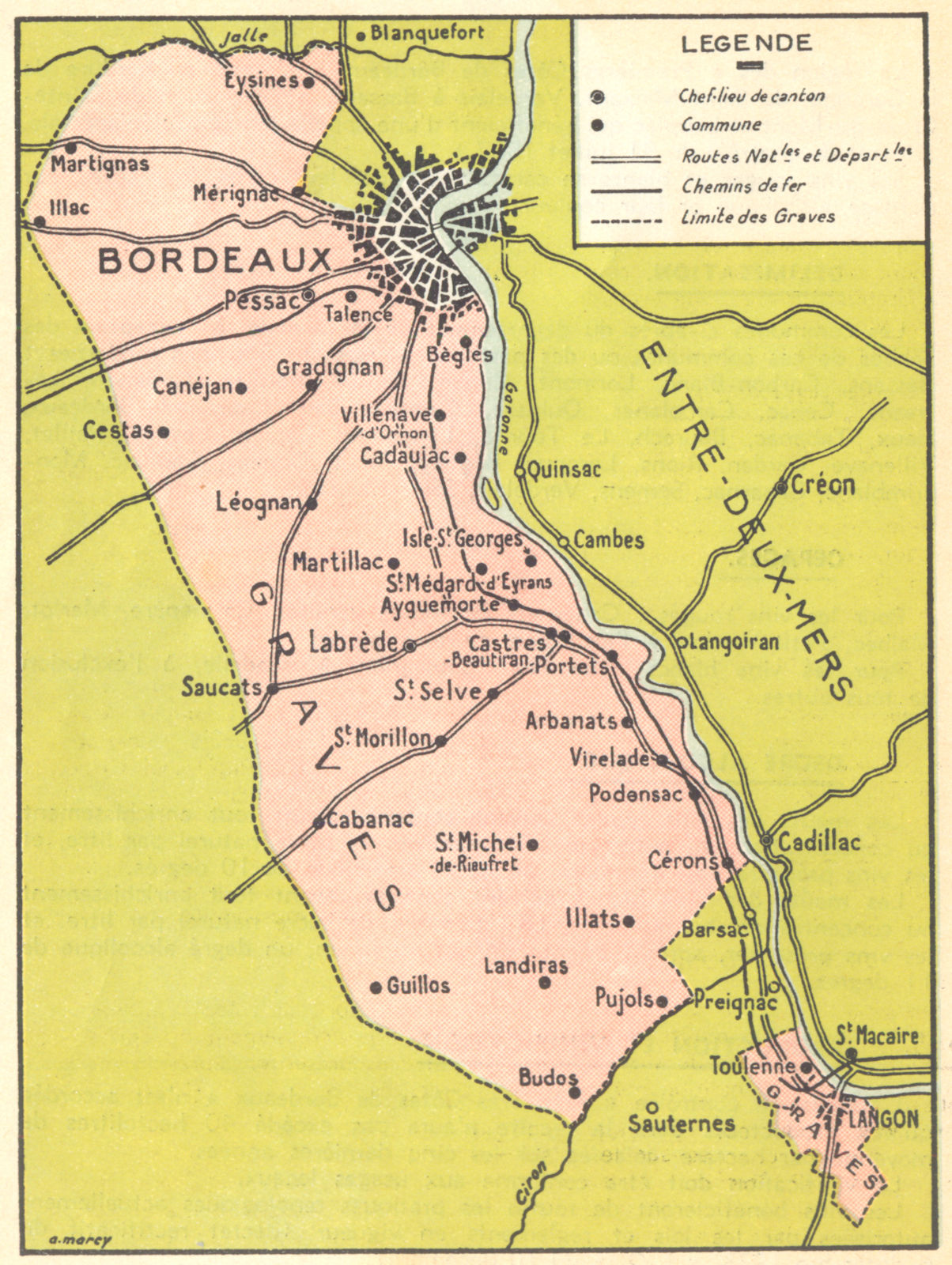 BORDEAUX WINE MAP. Carte des Graves 1939 old vintage plan chart ...