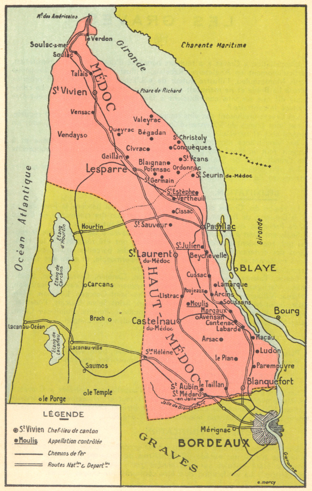 BORDEAUX WINE MAP. Carte du Médoc 1939 old vintage plan chart ...