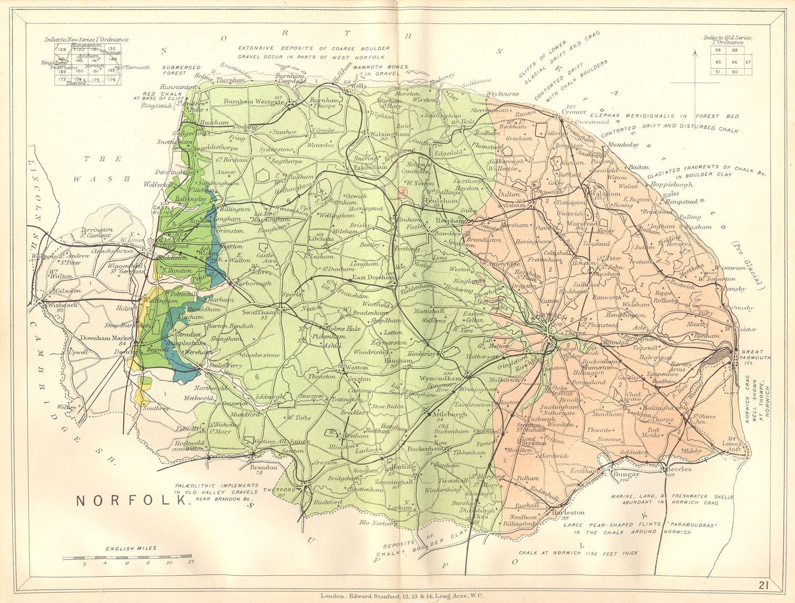 NORFOLK. Geological map. STANFORD 1880 old antique vintage plan chart ...