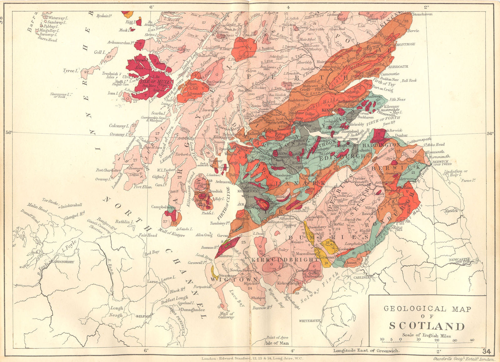 SOUTHERN SCOTLAND. Geological map. STANFORD 1880 old antique plan chart ...