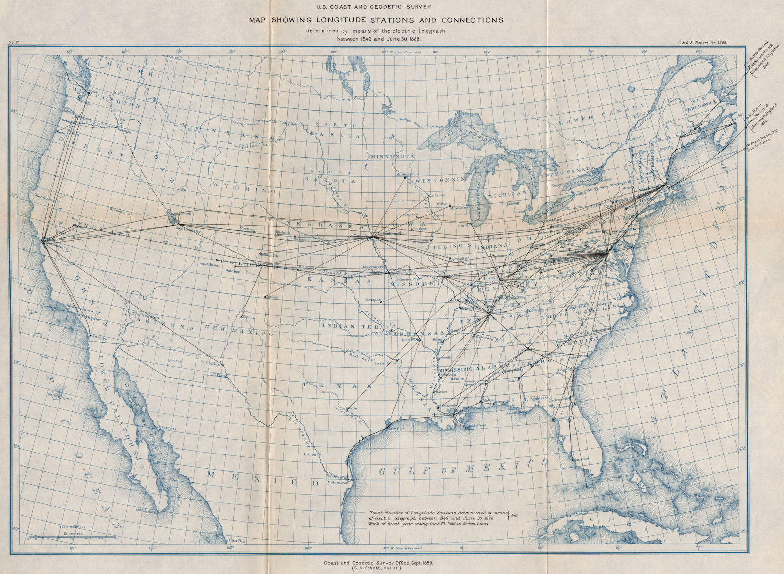 USA. Longitude survey stations and connections. USCGS 1889 old antique ...