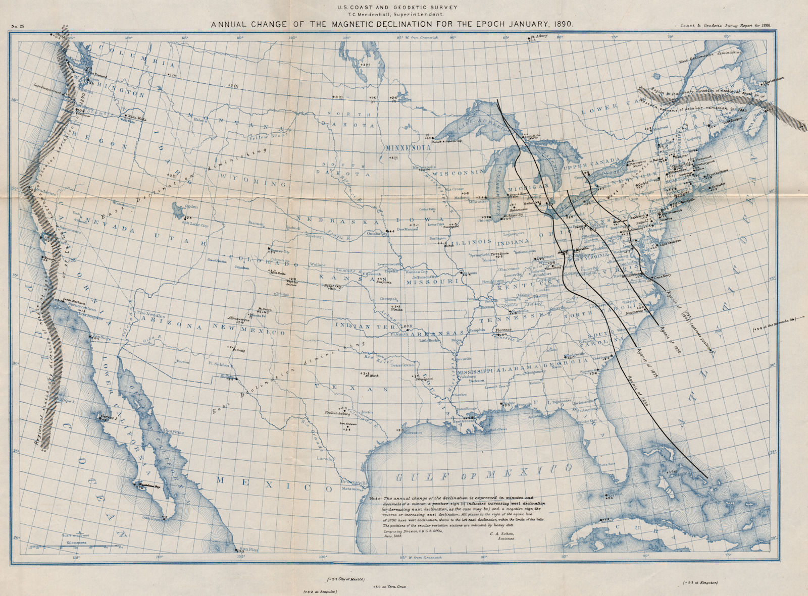 USA. Magnetic declination annual change. Agonic lines 1797-1890. USCGS ...
