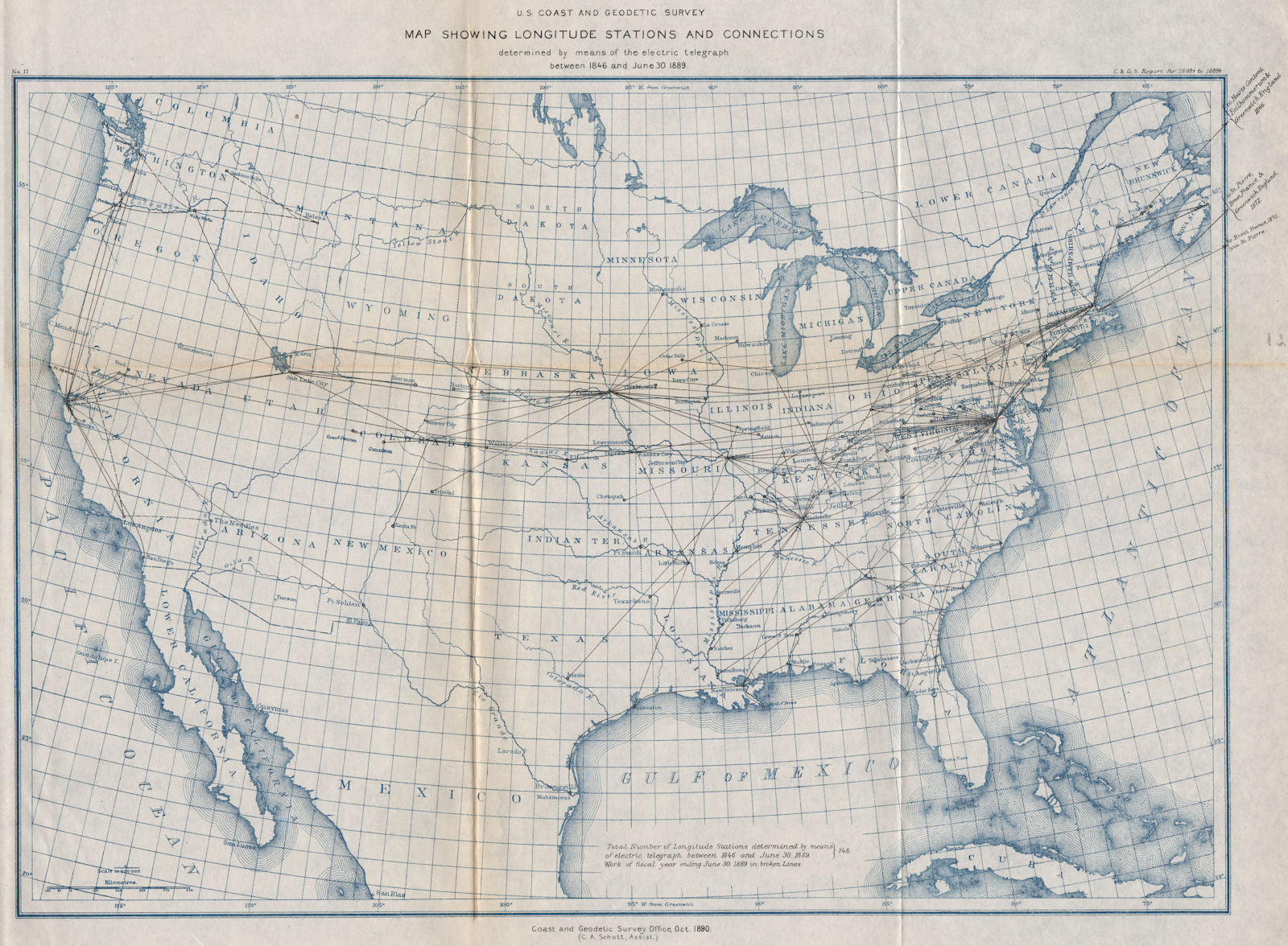 USA. Longitude survey stations and connections. USCGS 1889 old antique ...