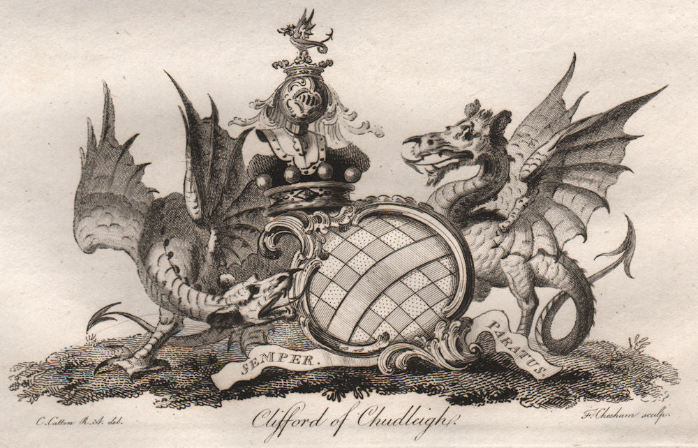 CLIFFORD OF CHUDLEIGH. Coat of Arms. Heraldry 1790 old antique print ...