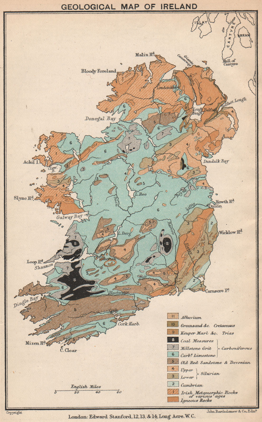 IRELAND. Geological map of Ireland. STANFORD 1908 old antique plan ...