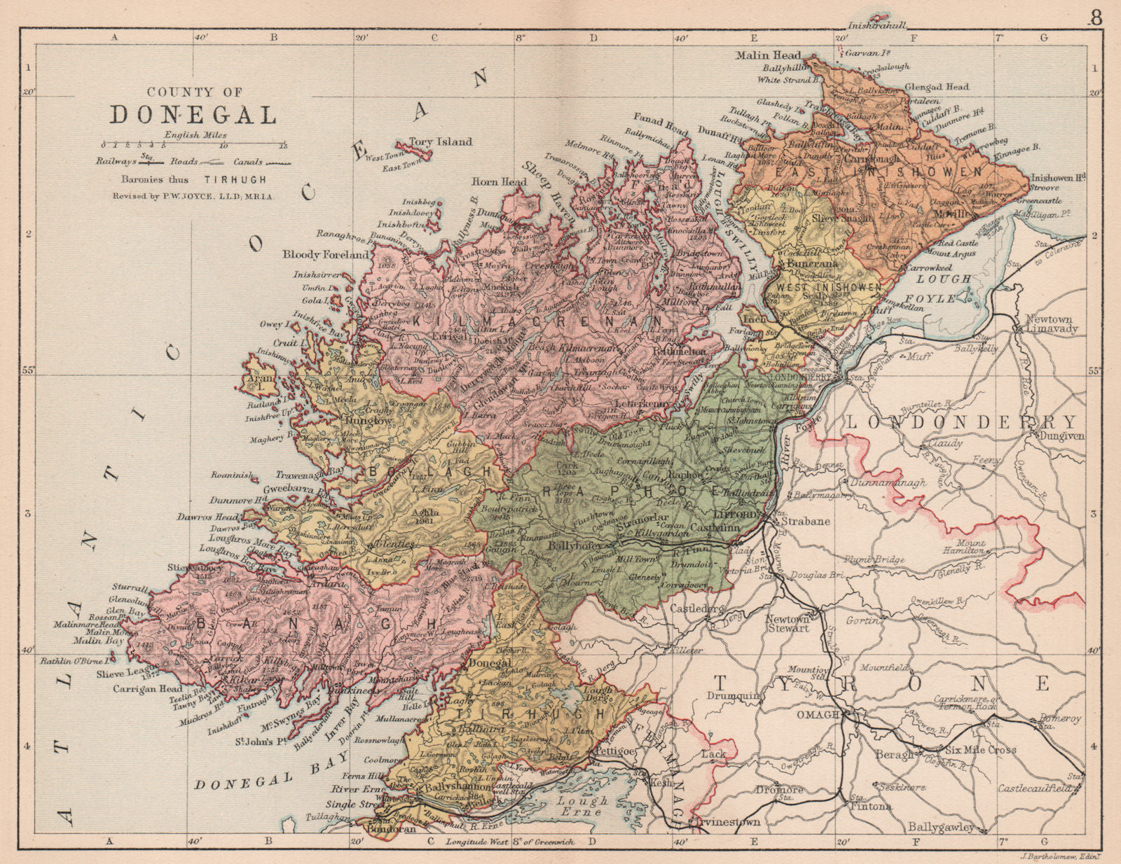 COUNTY DONEGAL. Antique county map. Ulster. Ireland. BARTHOLOMEW 1882 ...