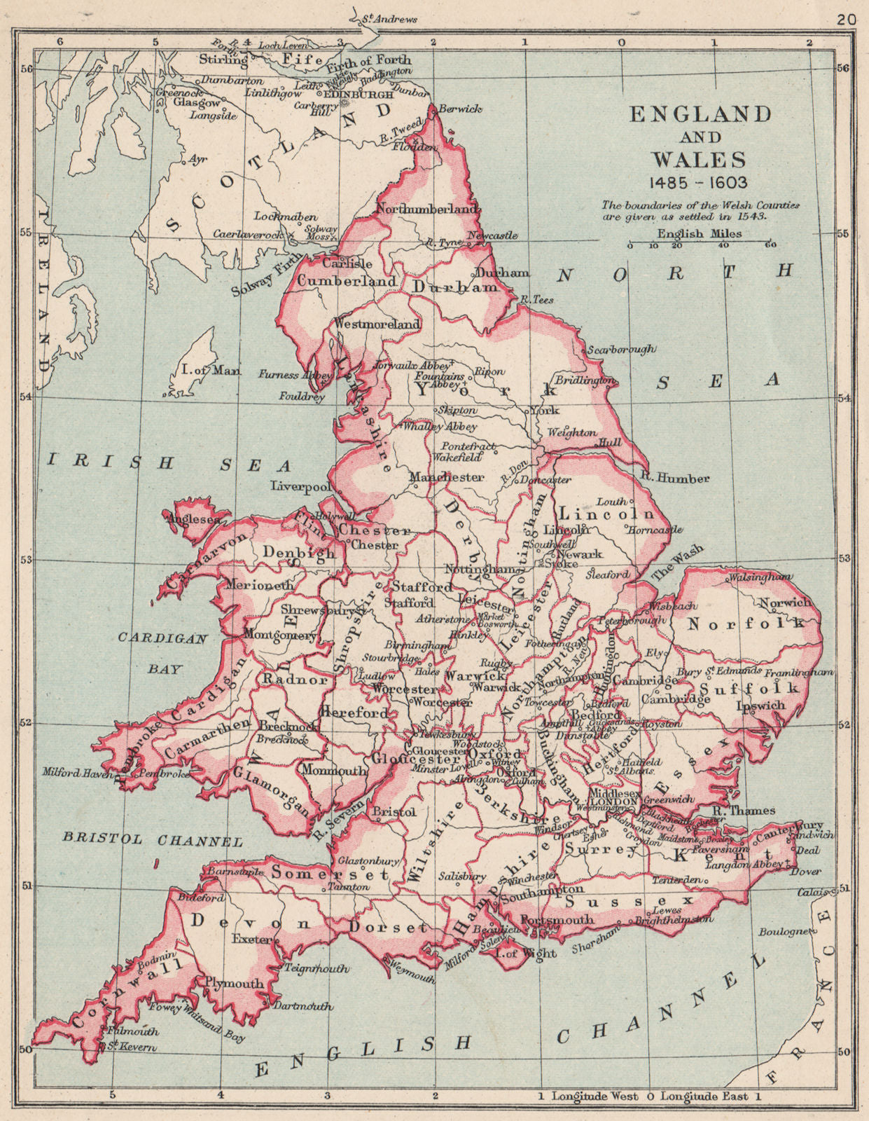 ENGLAND AND WALES 1485-1603. showing counties & towns 1907 old antique ...