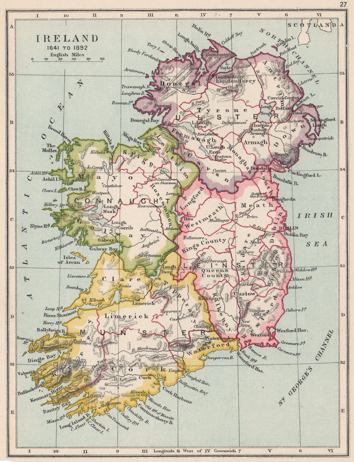 IRELAND 1641 TO 1892. showing counties provinces 1907 old antique map ...