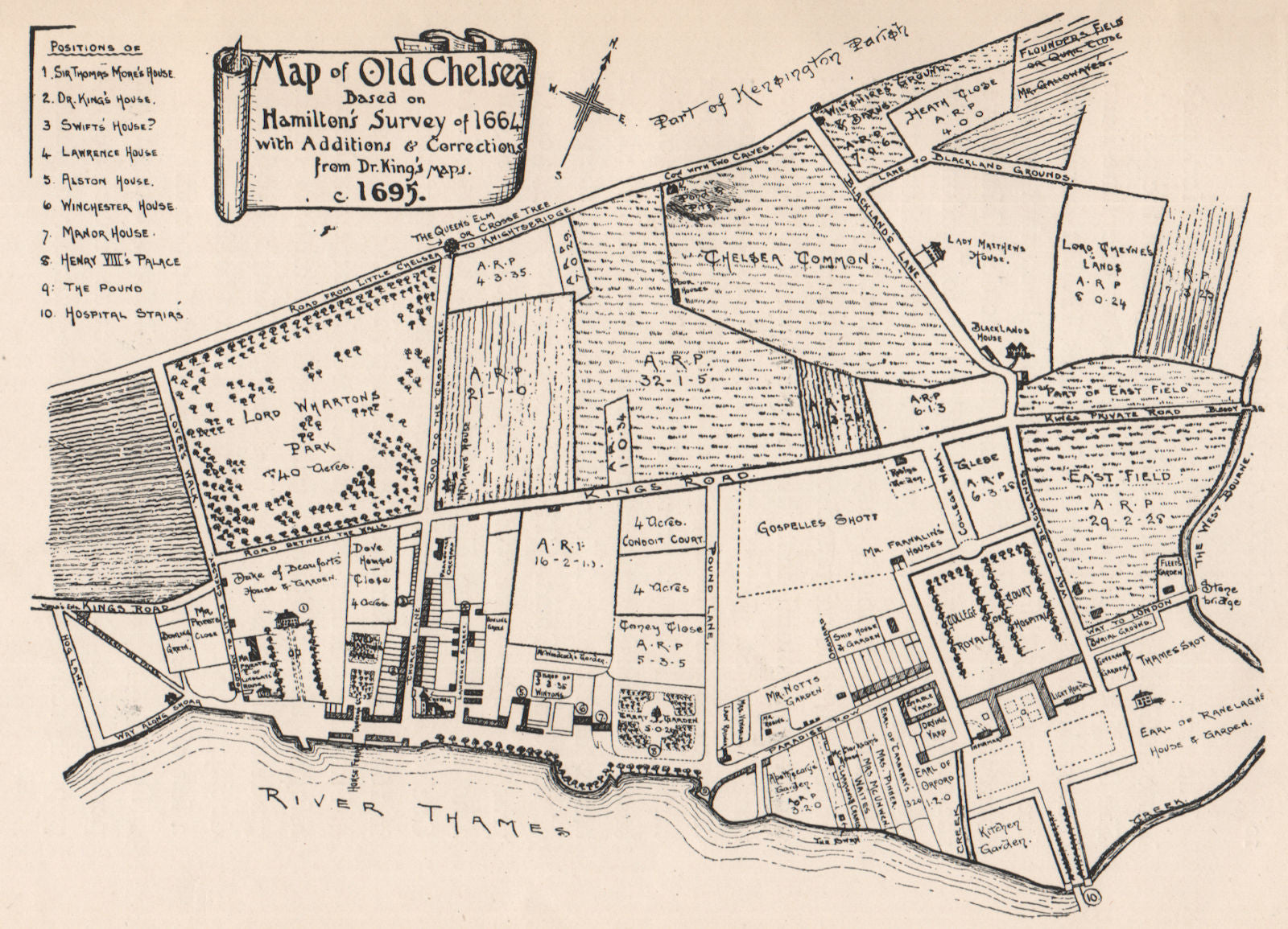 OLD CHELSEA. Map based on Hamilton's 1664 survey. SMALL 1900 antique ...